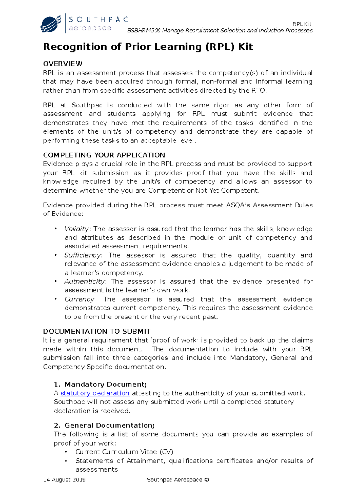 RPL Kit Bsbhrm 506 Manage recruitment selection induction processes ...