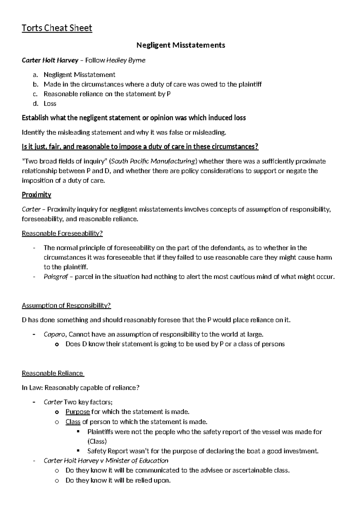 Torts Cheat Sheet - Torts Cheat Sheet Negligent Misstatements Carter ...