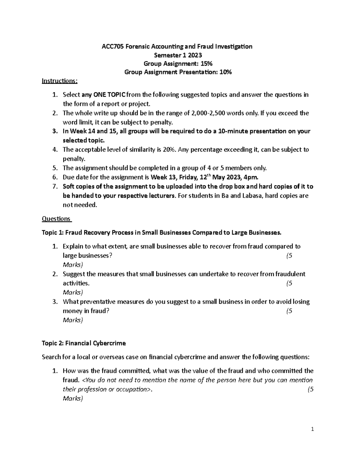 Assignment 2 - Thing to work on - ACC705 Forensic Accounting and Fraud ...