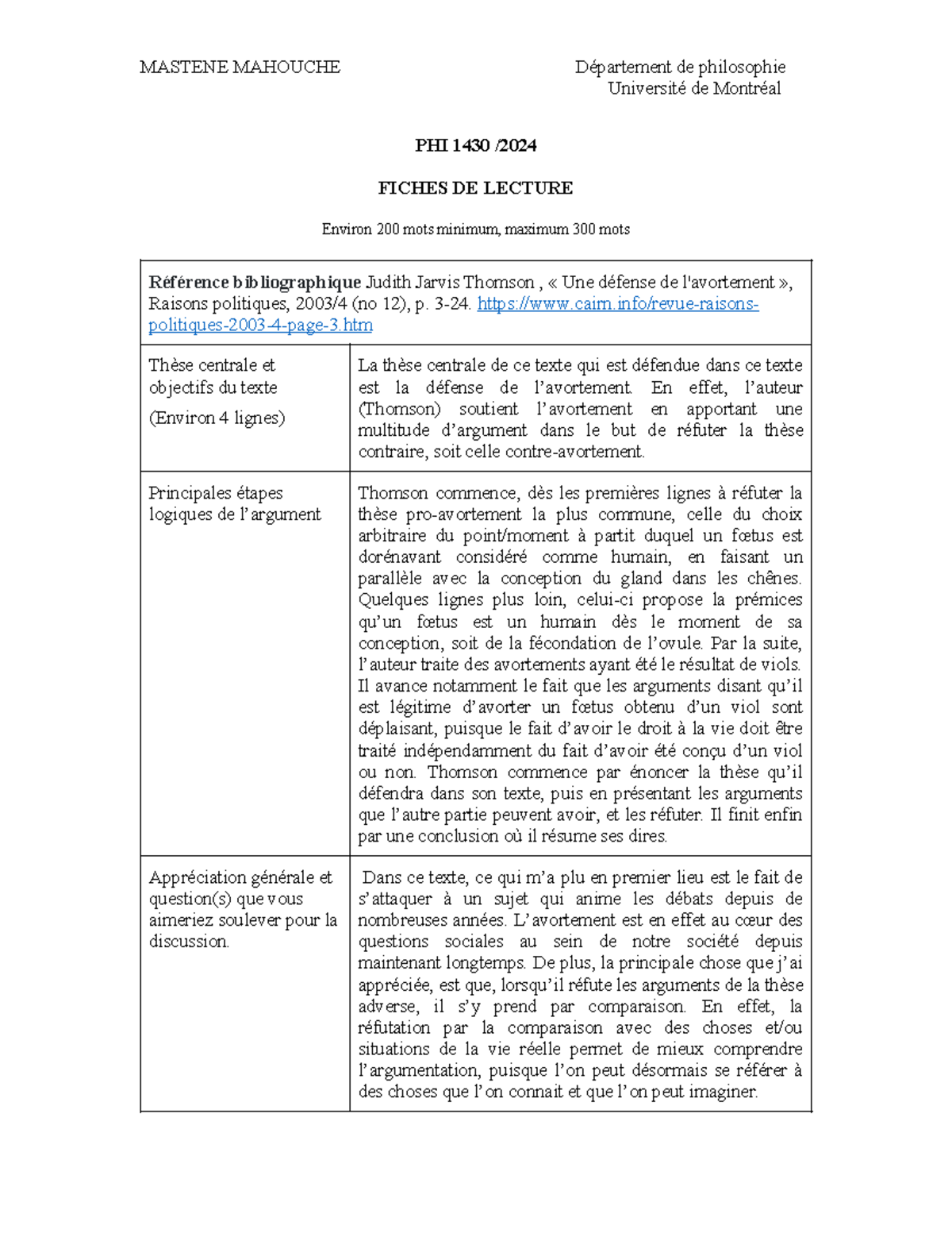 Fiche de lecture 1 philo - MASTENE MAHOUCHE Département de philosophie Université de Montréal ...