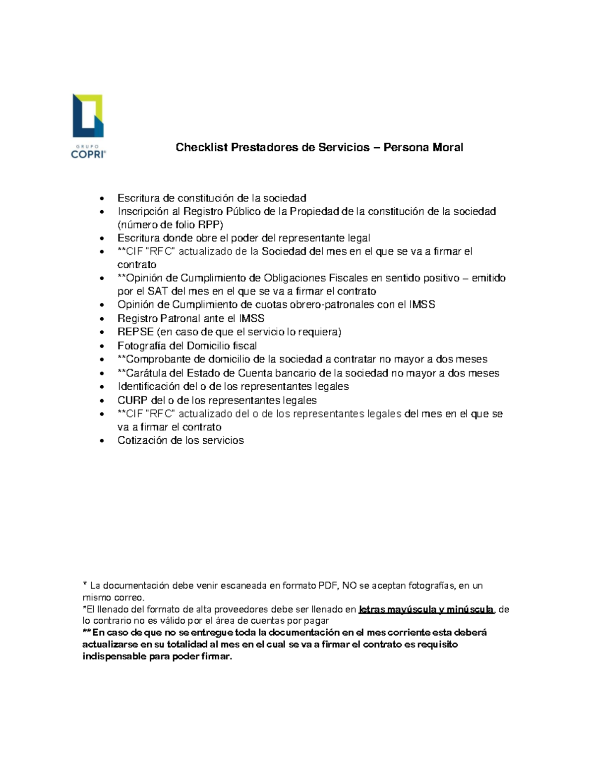 Checklist Prestador de Servicios - *El llenado del formato de alta ...