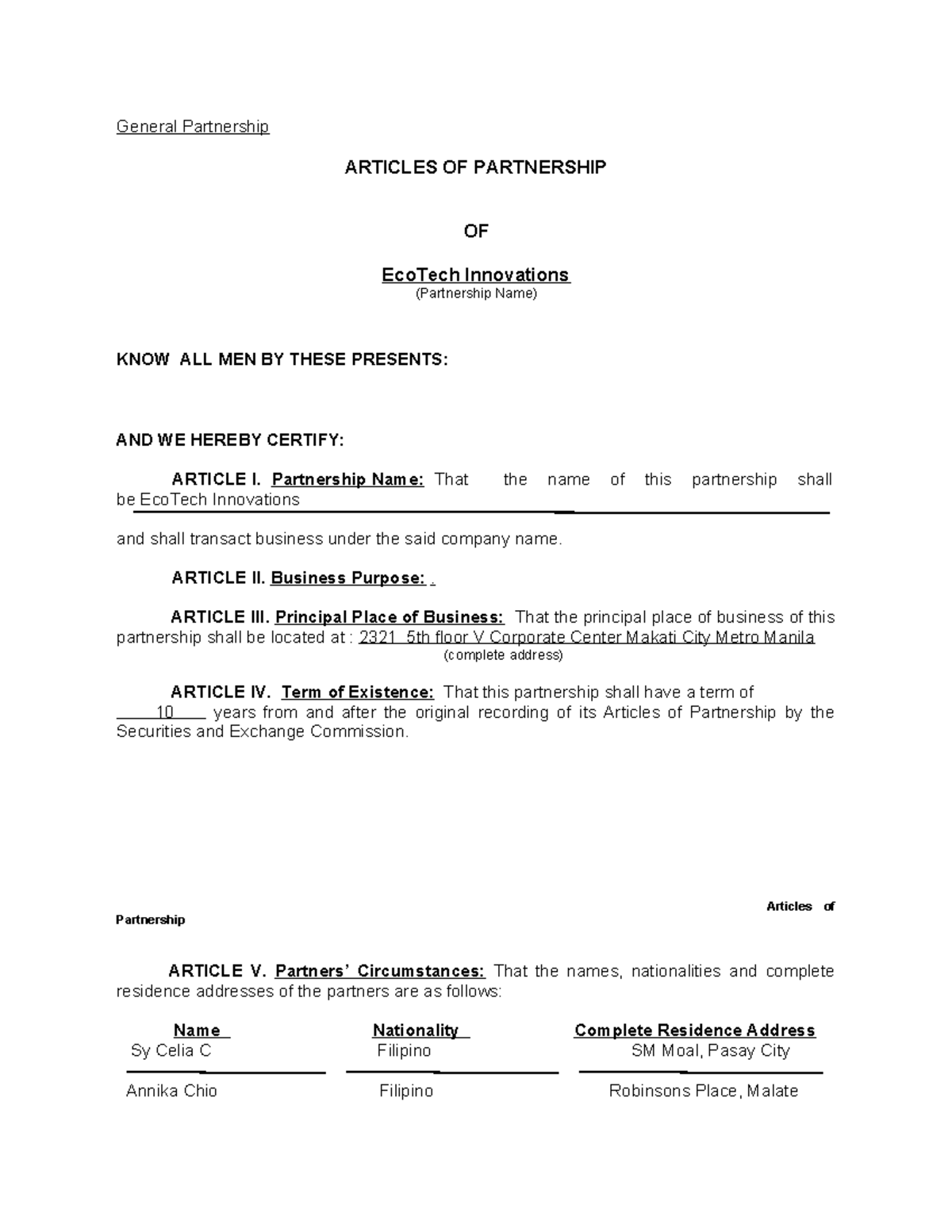 Articles of Partnership for general partnerships - General Partnership ...