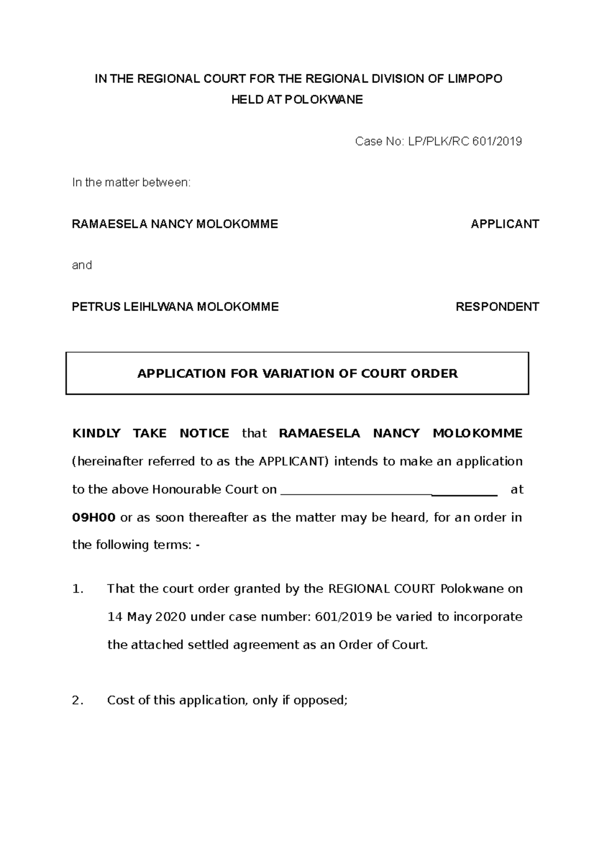 Notice OF Setdown Variation - IN THE REGIONAL COURT FOR THE REGIONAL ...