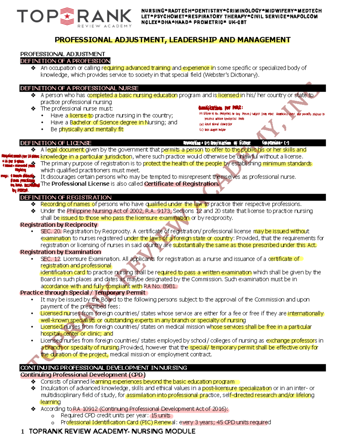 PROFESSIONAL ADJUSTMENT, LEADERSHIP AND MANAGEMENT - 1 TOPRANK REVIEW ...