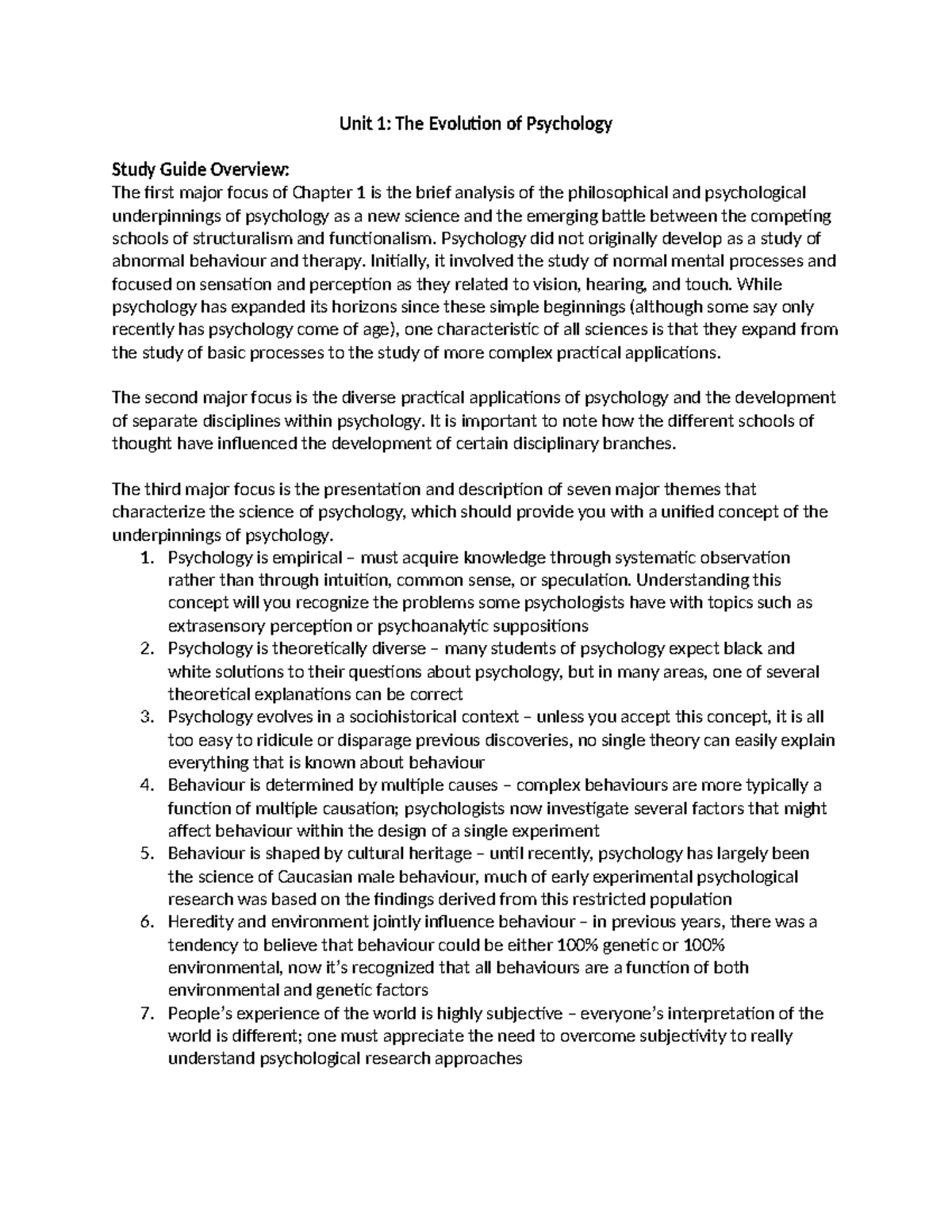Unit 1 - Unit 1: The Evolution of Psychology Study Guide Overview: The ...