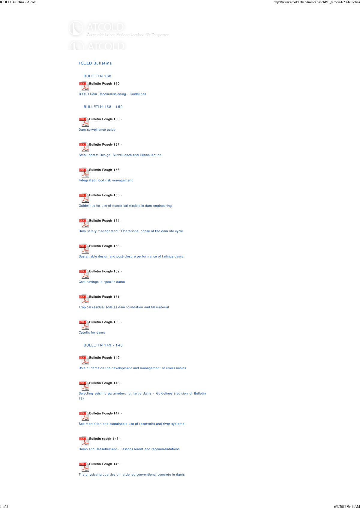 1 List Icold Bulletins - geology - ICOLD Bulletins BULLETIN 160 Bulletin Rough- ICOLD Dam - Studocu