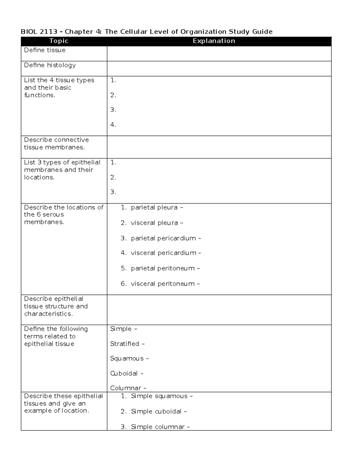 BIOL 2113 Ch4 Study Guide - BIOL 2113 - Chapter 4: The Cellular Level ...