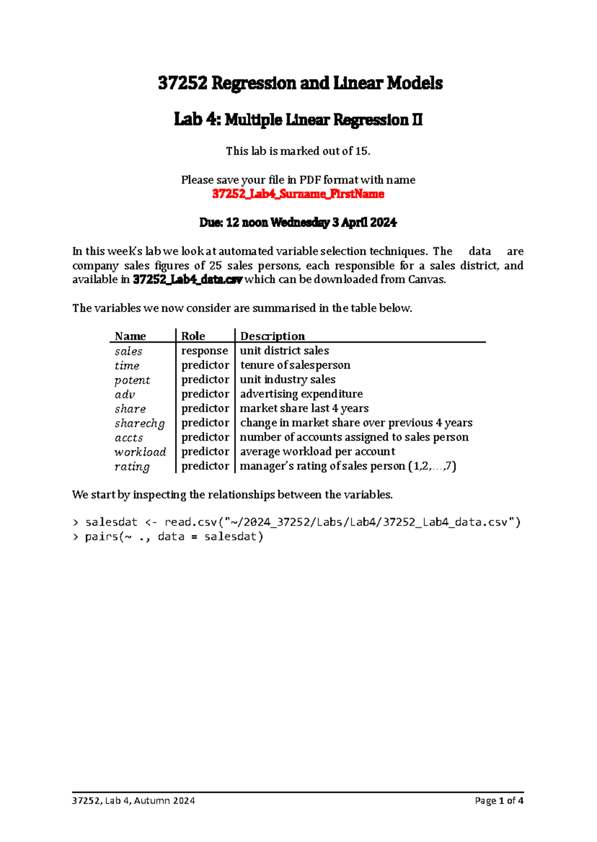 37252 Lab4 Autumn 2024-1 - 37252 Regression and Linear Models Lab 4: Multiple Linear Regression ...