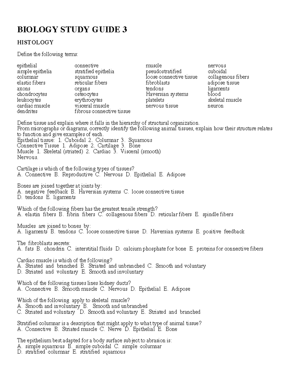 Harvard.Study - Physio review - BIOLOGY STUDY GUIDE 3 HISTOLOGY Define ...