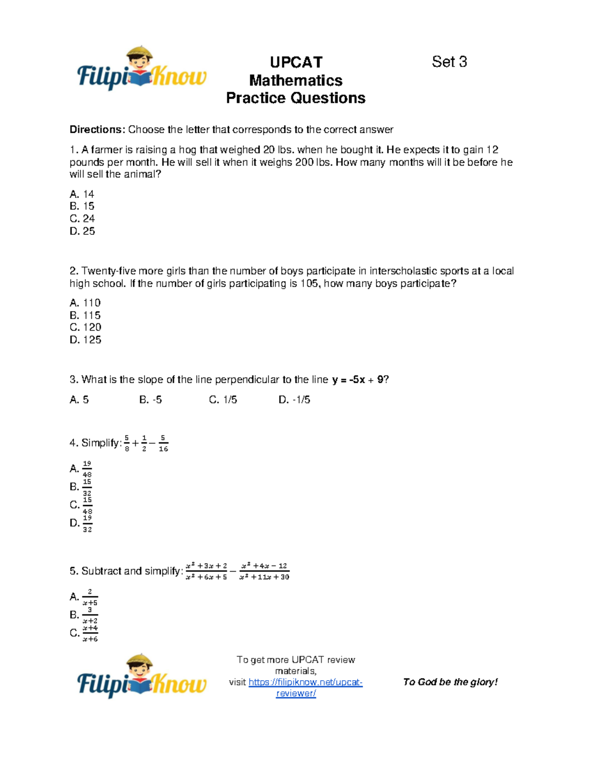 Upcat Mathematics Practice Questions Set 3 - english - SPCF - Studocu
