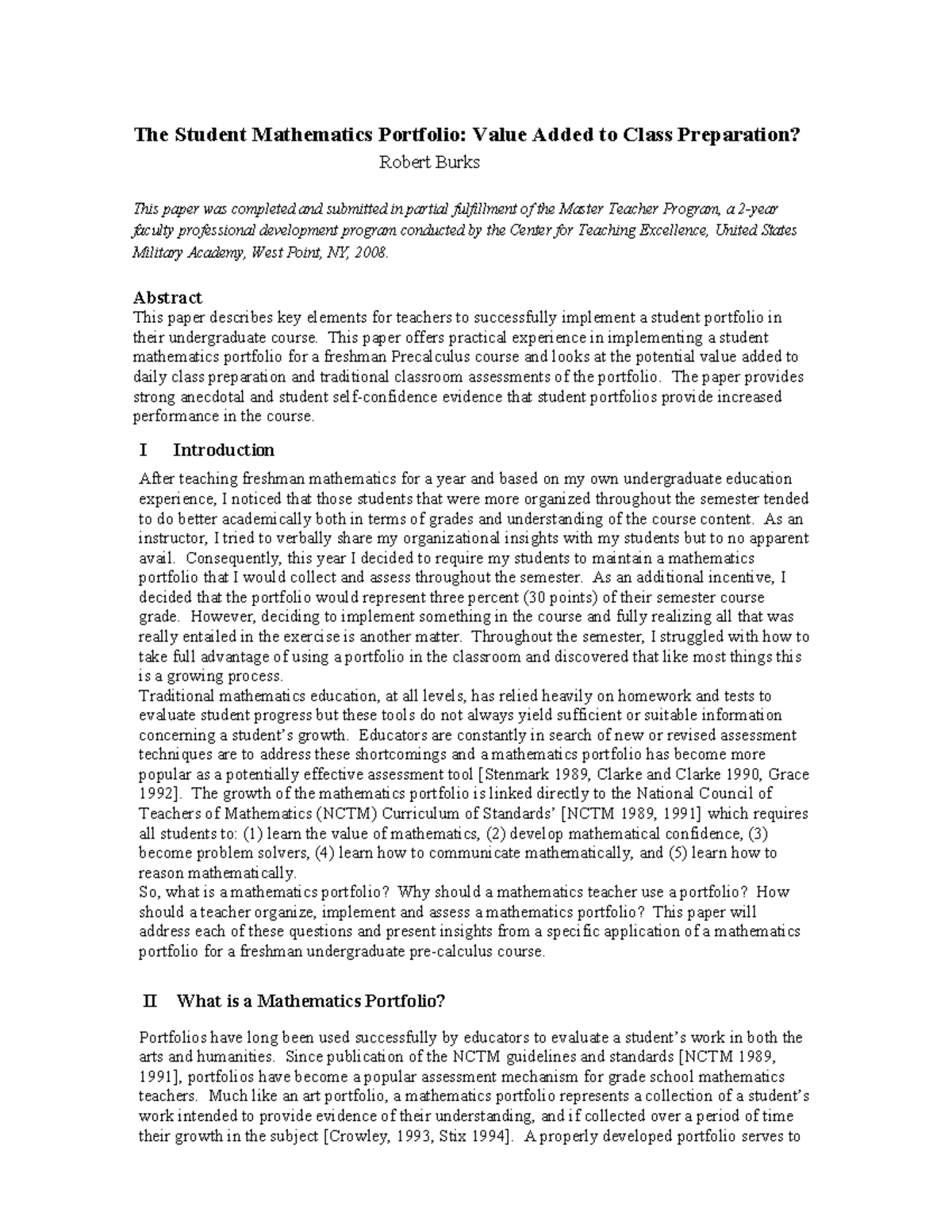 Burks 08 - Bdndnnf - The Student Mathematics Portfolio: Value Added to ...