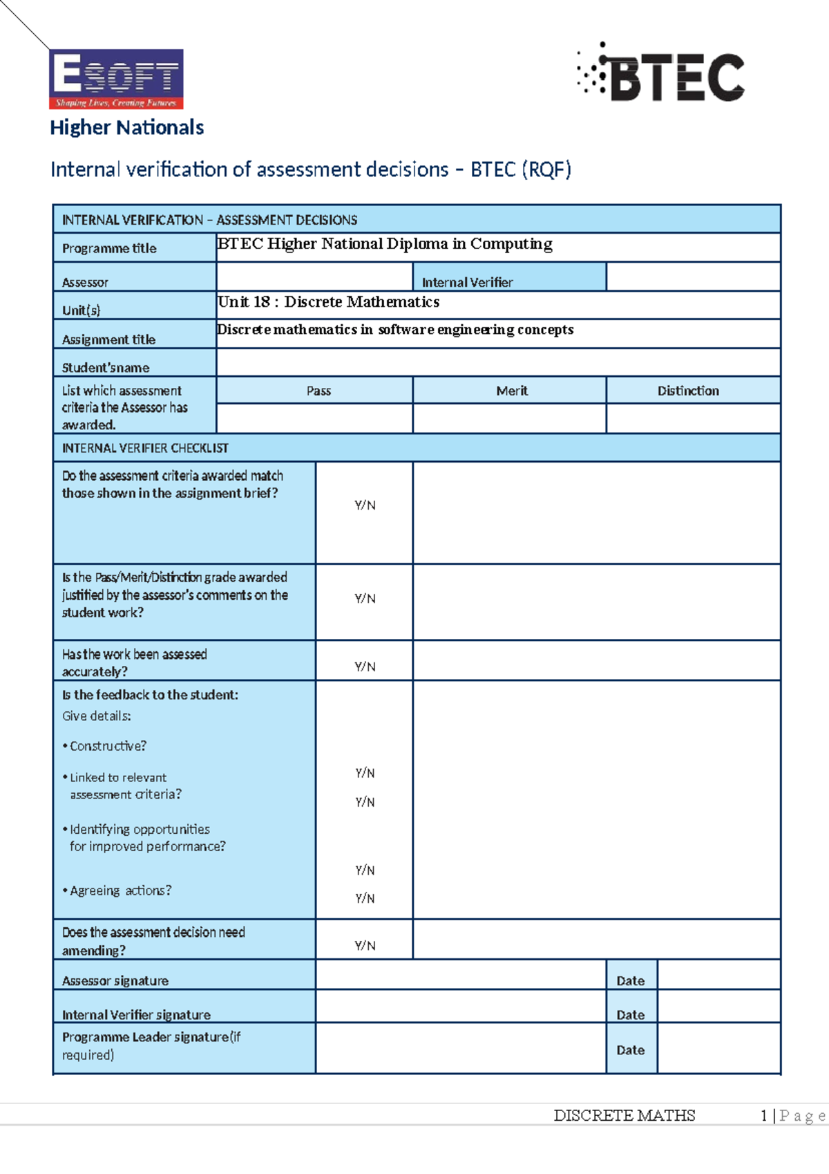 - Discrete Maths - pass - Higher Nationals Internal verification of assessment decisions – BTEC ...