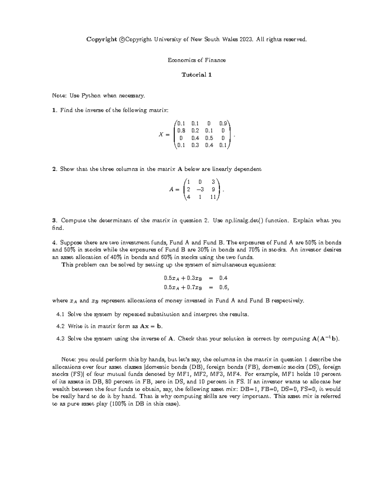 Tutorial 1 Econ3107 Tut1 Copyright ©ccopyright University Of New South Wales 2023 All