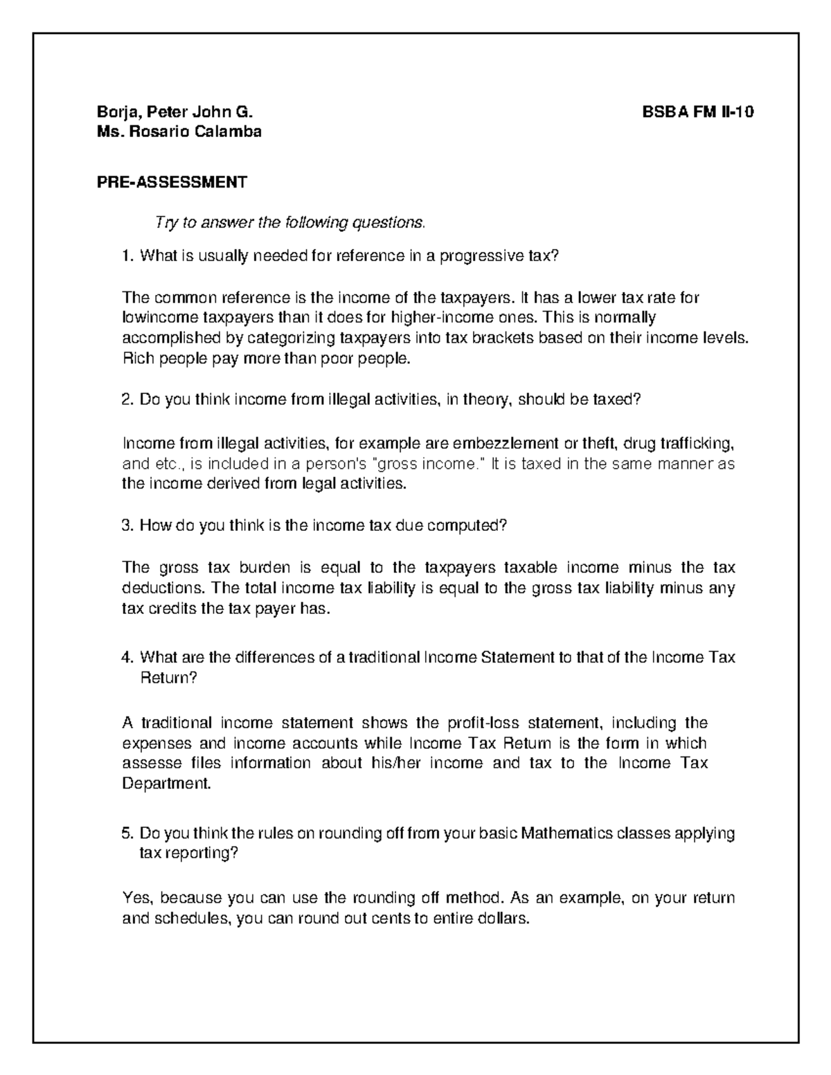 BOJA Module 7 - .... - Borja, Peter John G. BSBA FM II- 10 Ms. Rosario Calamba PRE-ASSESSMENT ...