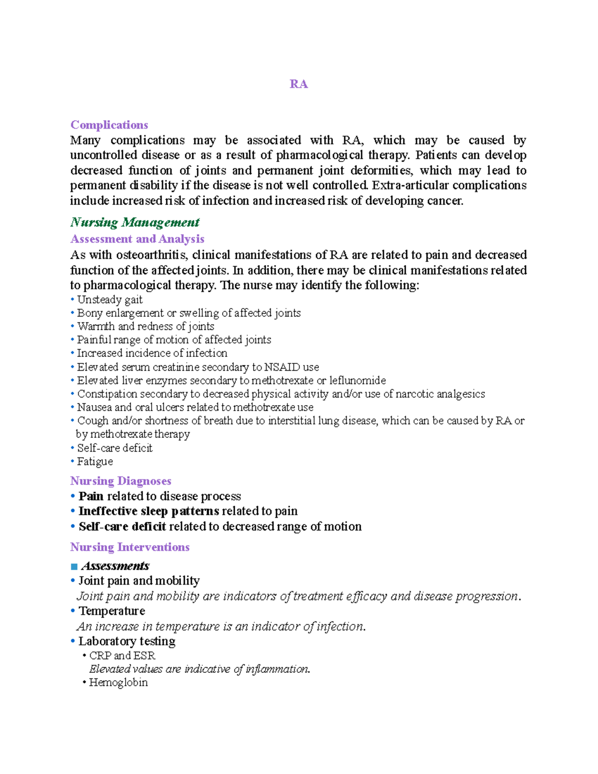 RA Nursing Management - rheumatoid arthritis notes - RA Complications ...