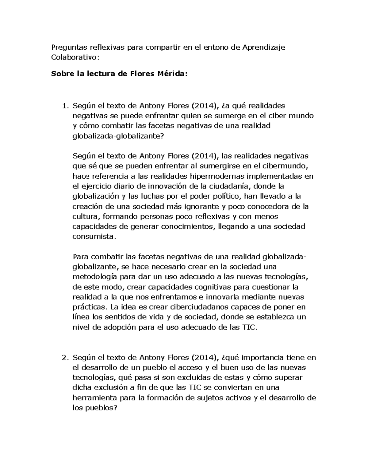 Preguntas reflexivas para compartir en el entono de Aprendizaje ...