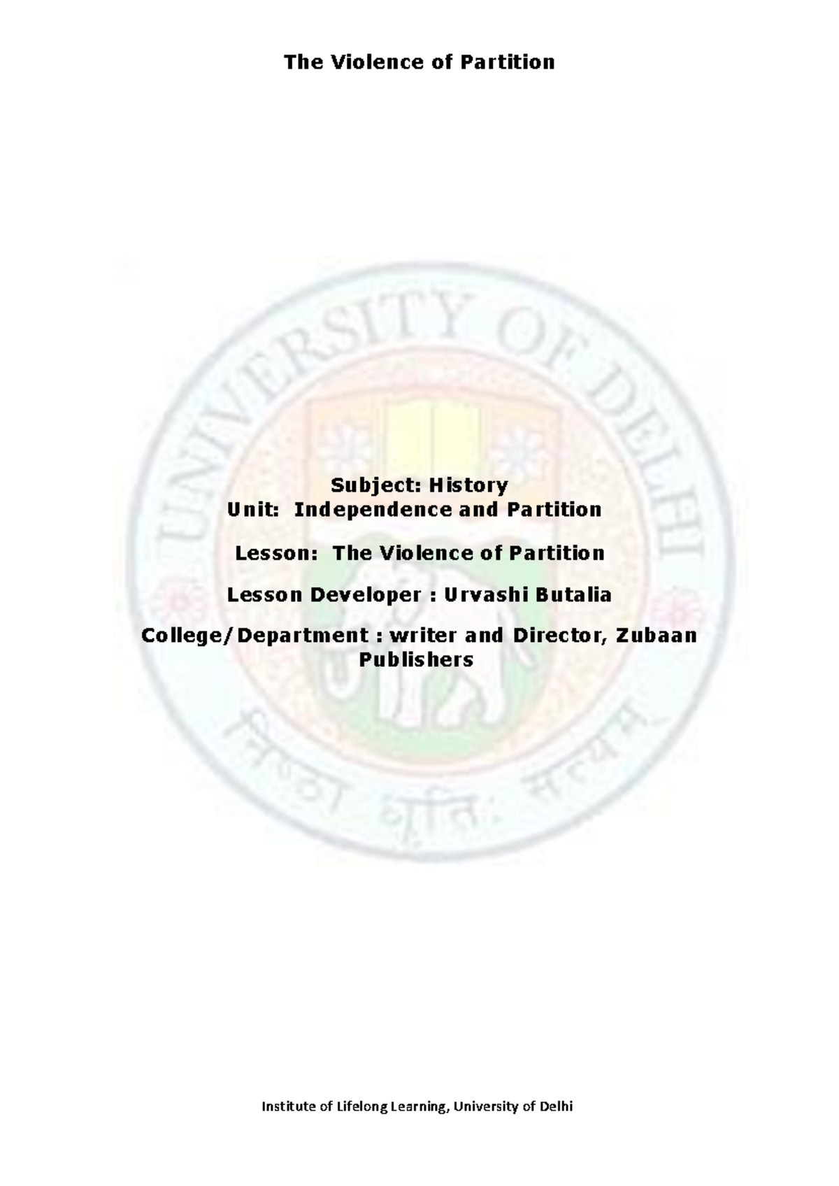 1587612047 H(H)-VI-The violence of Partition - Subject: History Unit ...
