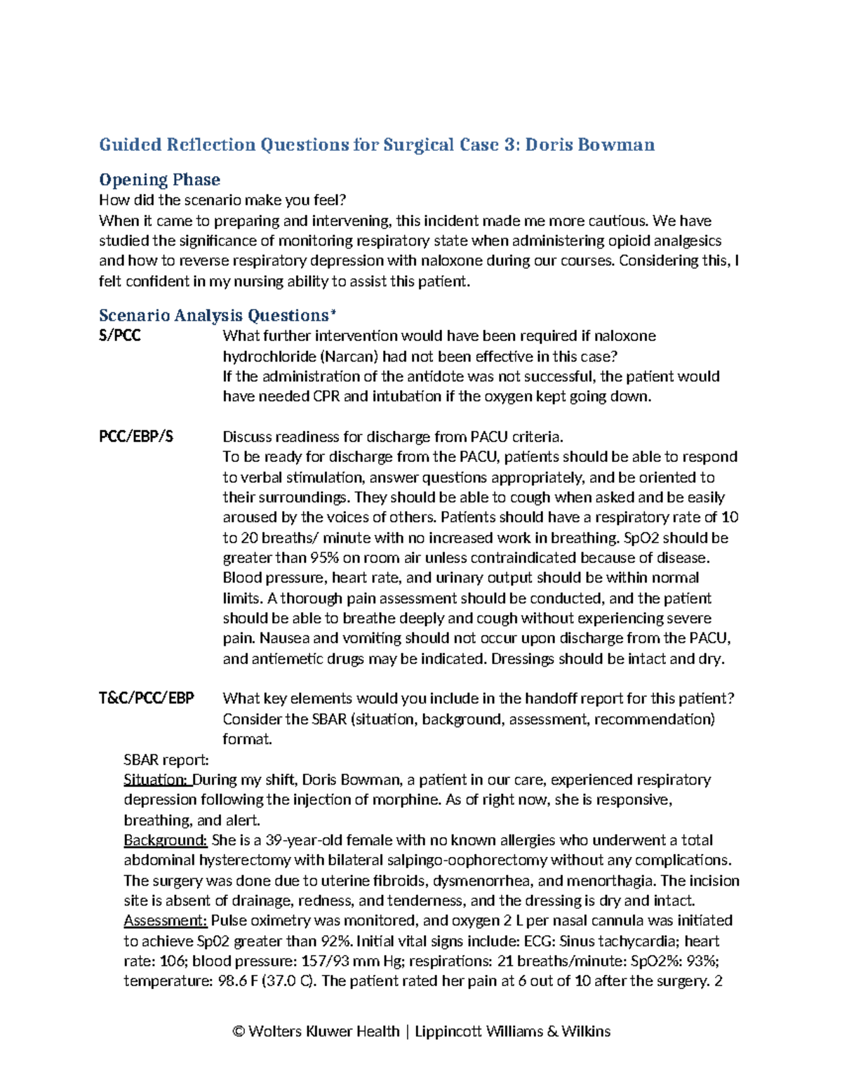 VSIM DB Guided reflection - Guided Reflection Questions for Surgical Case 3: Doris Bowman ...