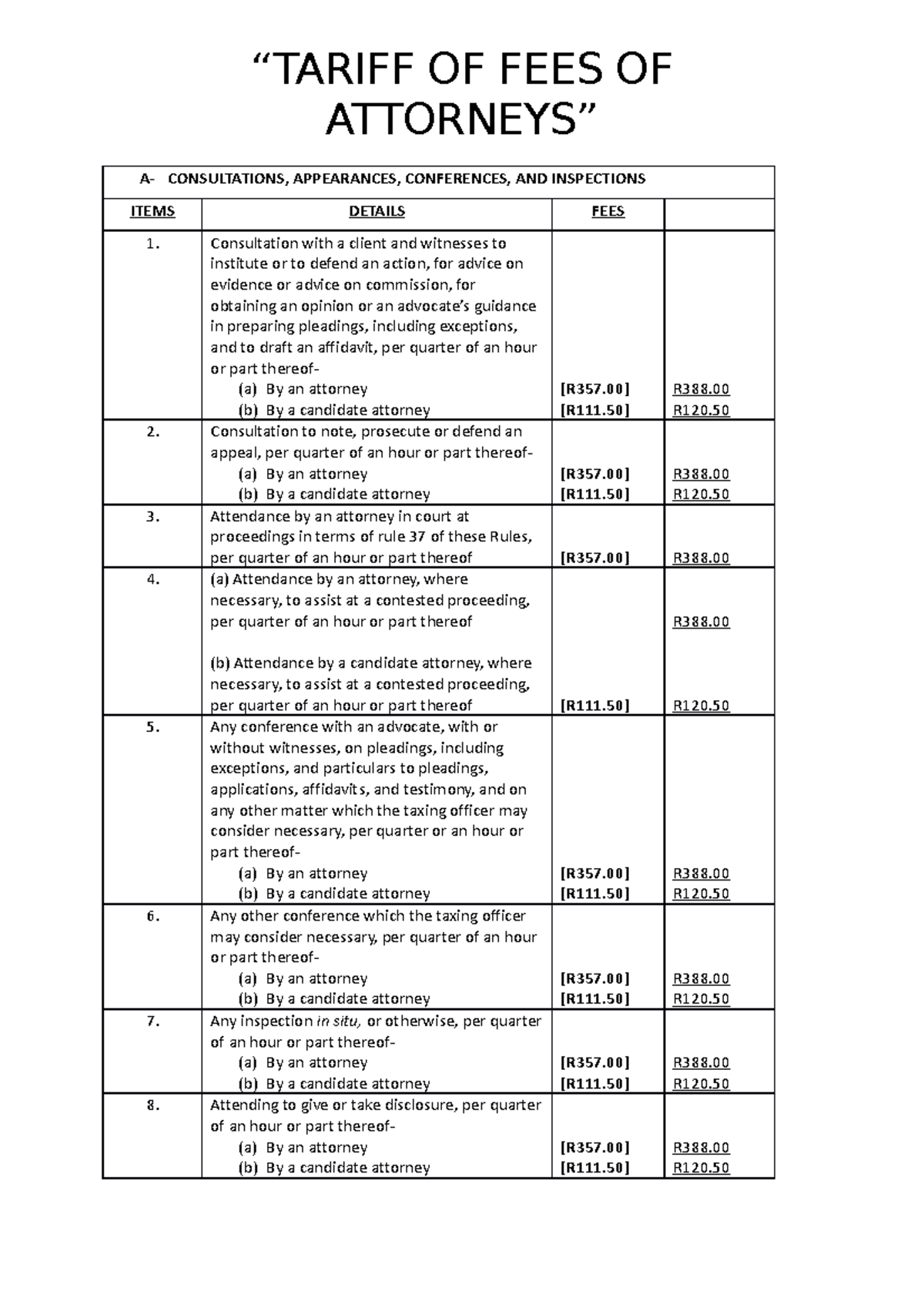 Tariff of fees of attorneys - ATTORNEYS” A- CONSULTATIONS, APPEARANCES ...