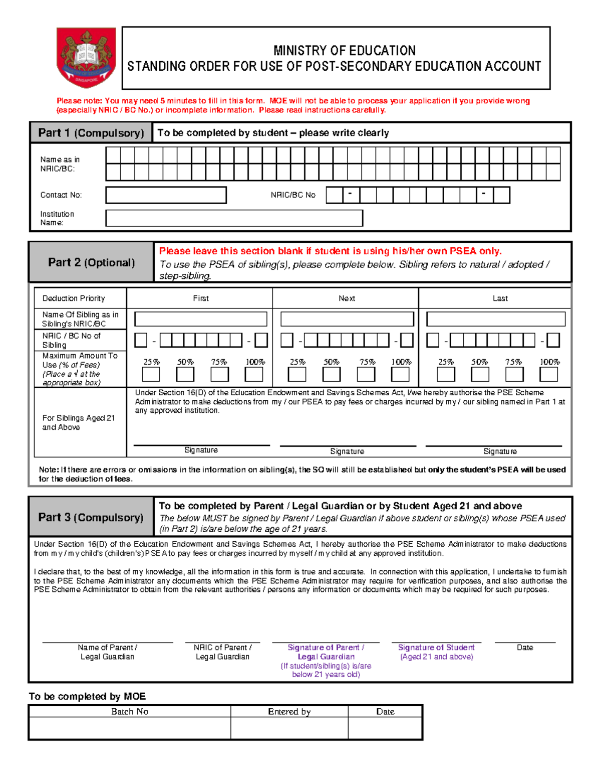 Psea standing order form - MINISTRY OF EDUCATION STANDING ORDER FOR USE ...