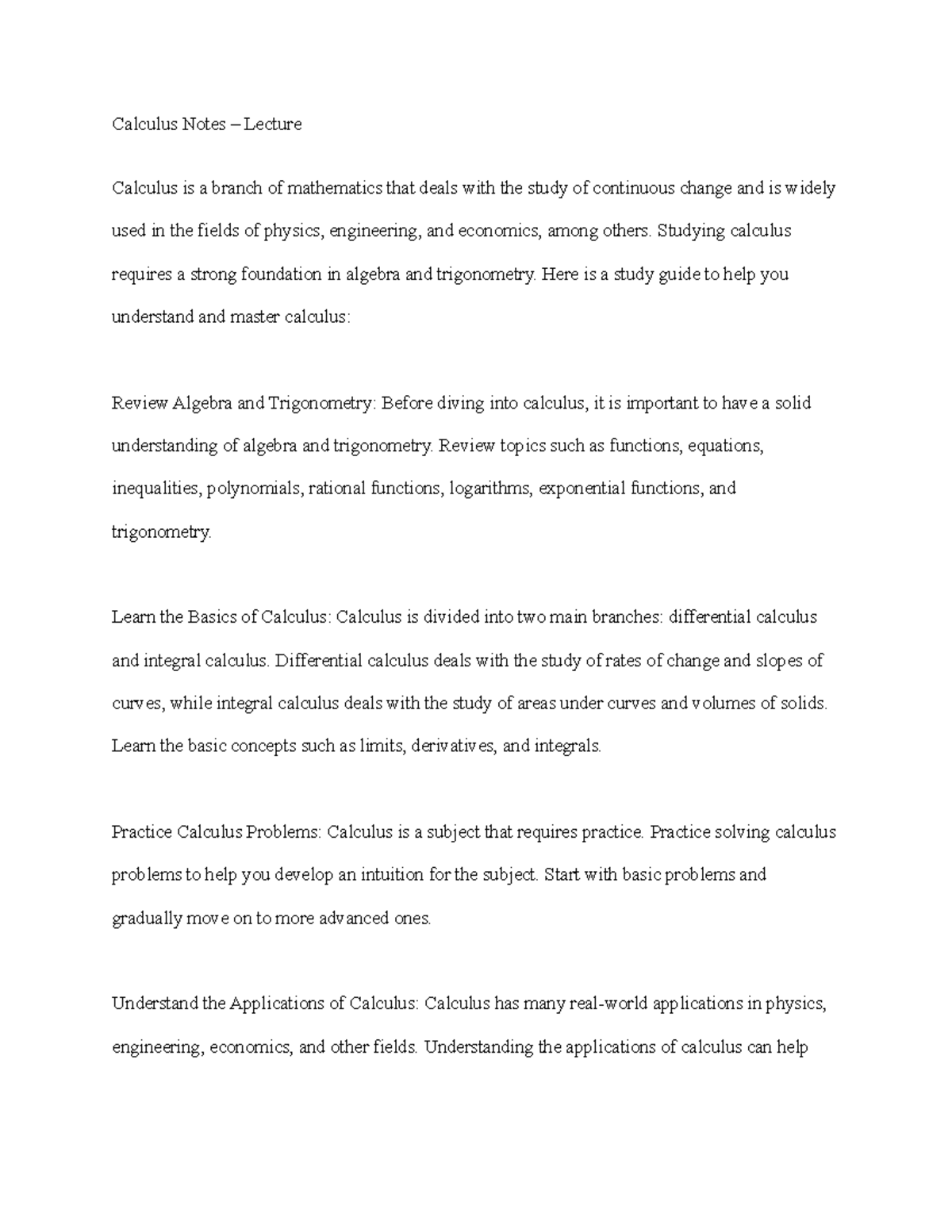 Calculus Notes Lecture Calculus Notes Lecture Calculus Is A Branch Of Mathematics That