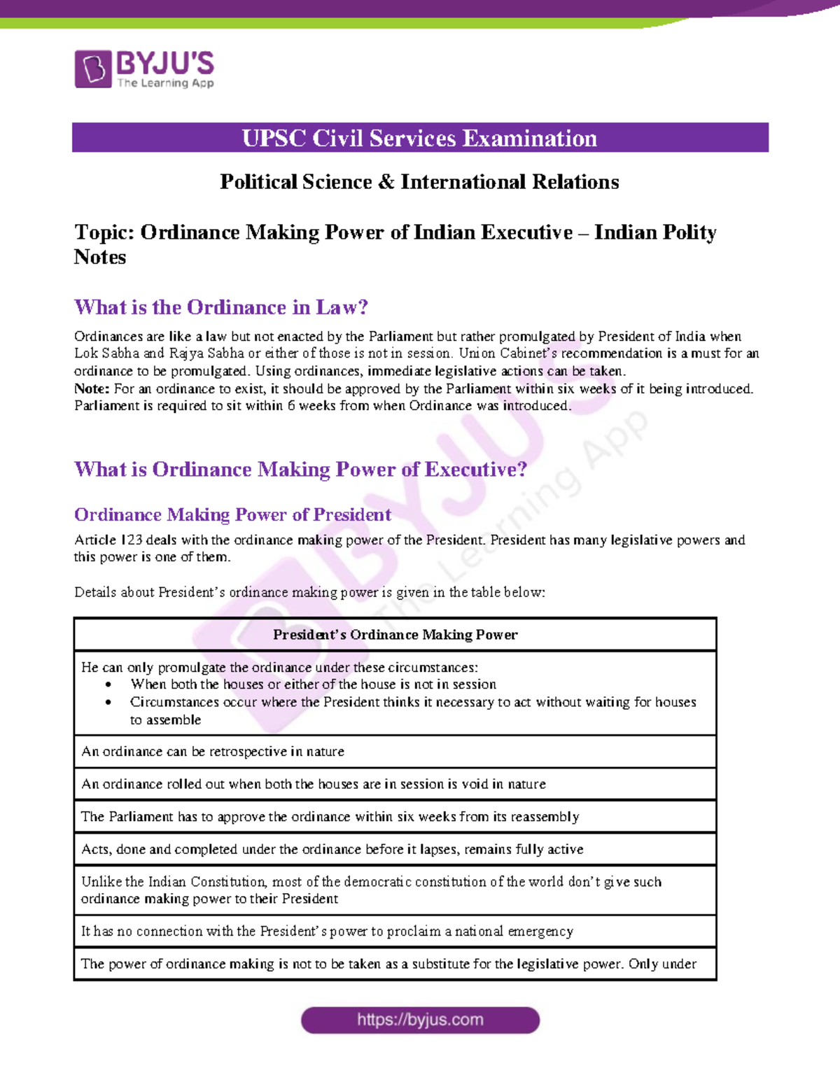 Ordinance Making Power of Indian Executive - Union Cabinet’s ...