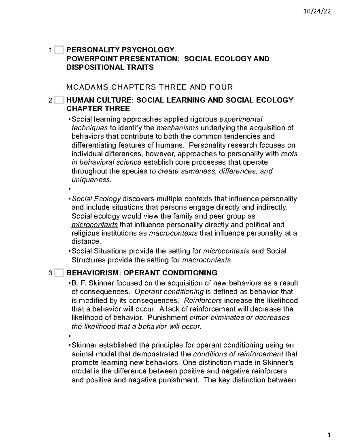 PSYC 2301 Outlien #2 - Lecture Note Outline - 10/24/ 1 PERSONALITY ...