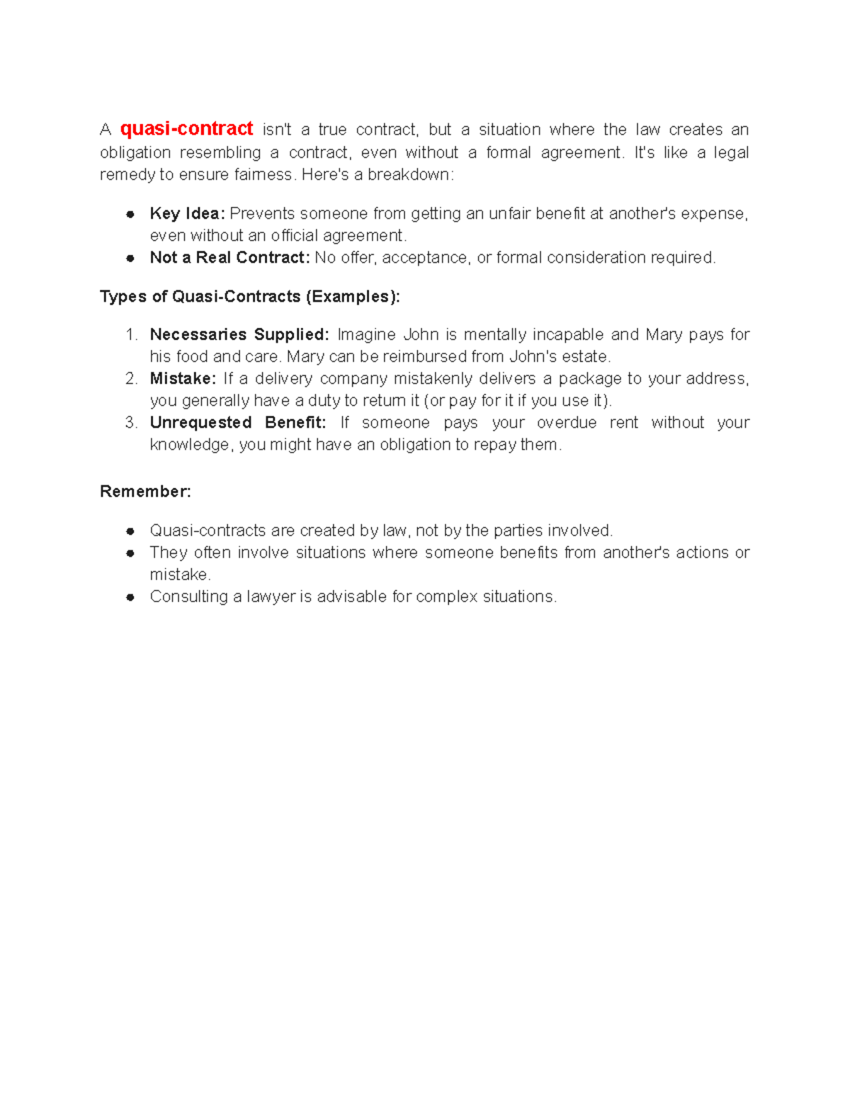 Quasi contract - A quasi-contract isn't a true contract, but a ...