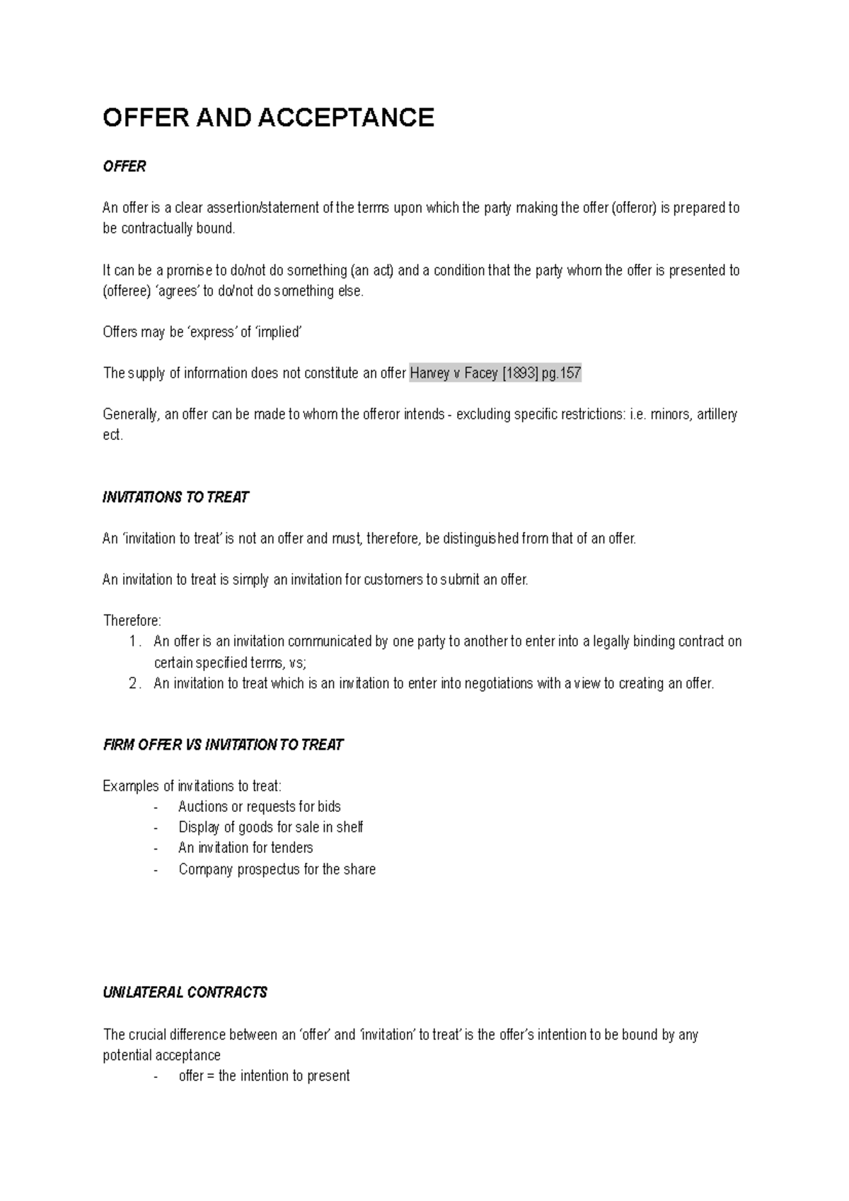 Offer AND Acceptance - Lecture notes 1-5 - OFFER AND ACCEPTANCE OFFER ...