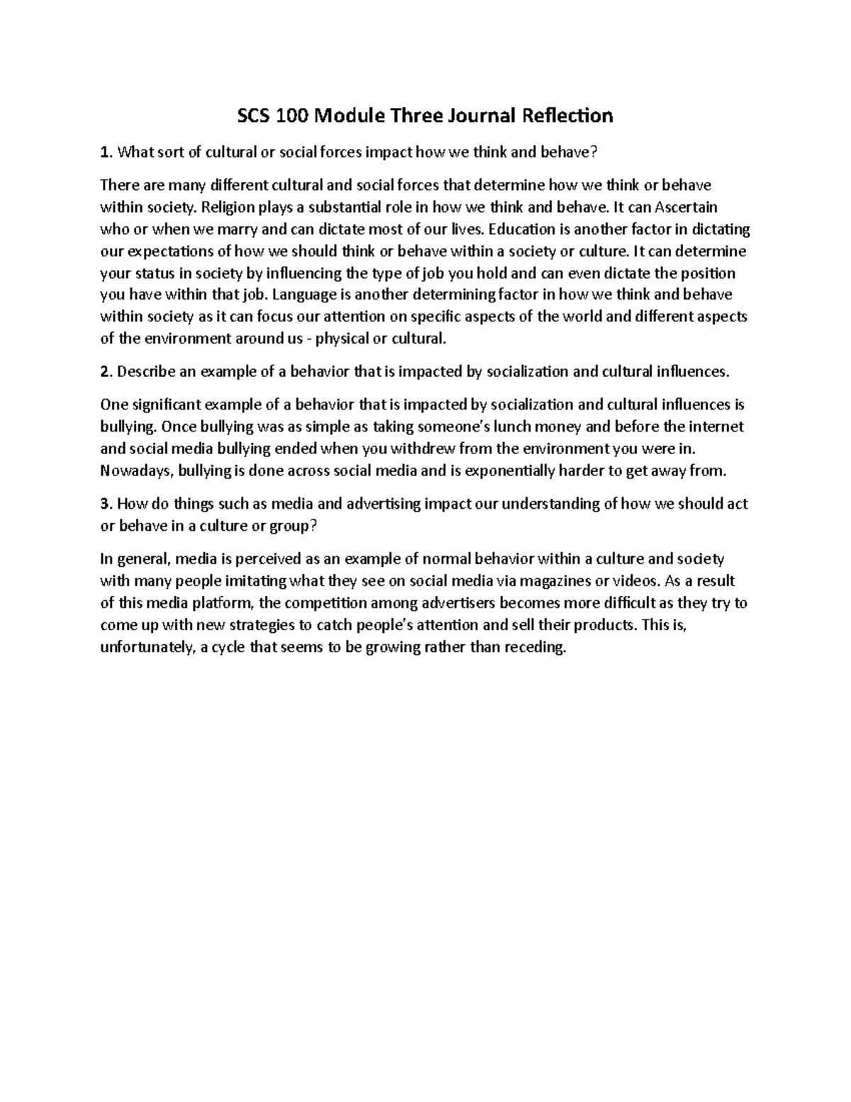 Journal Reflection - SCS 100 Module Three Journal Reflection What sort ...