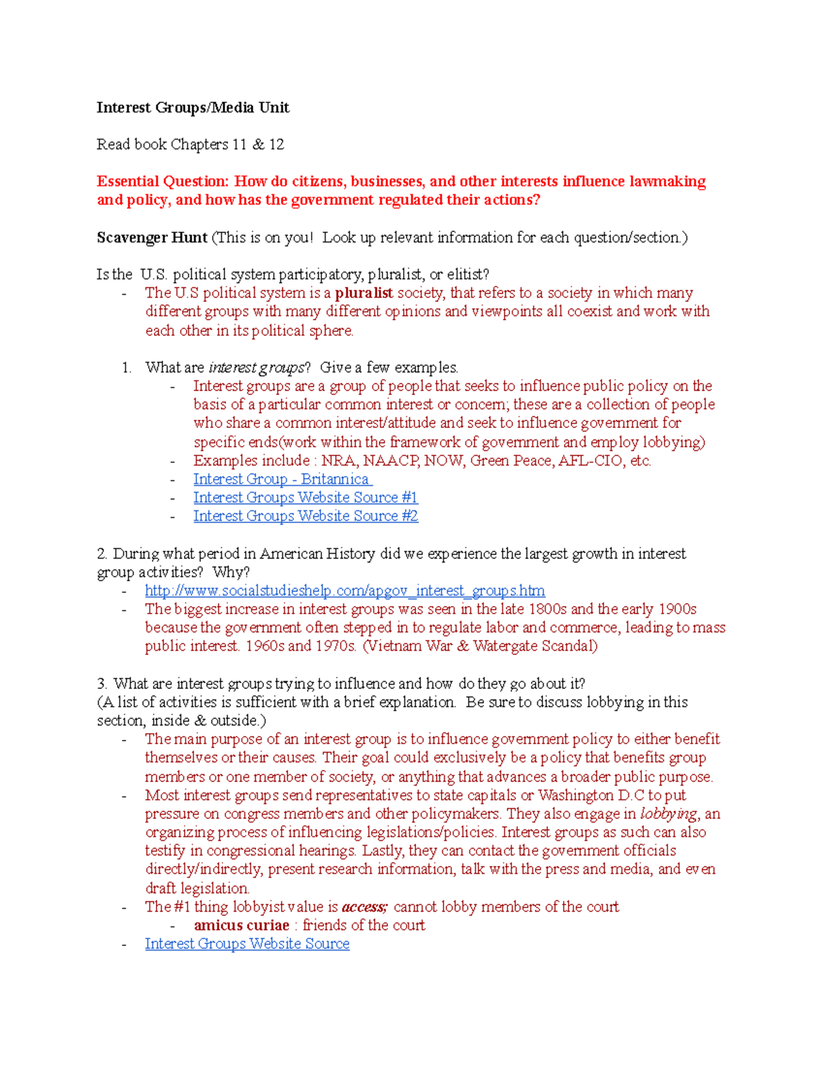 Interest Group notes - Interest Groups/Media Unit Read book Chapters 11 ...