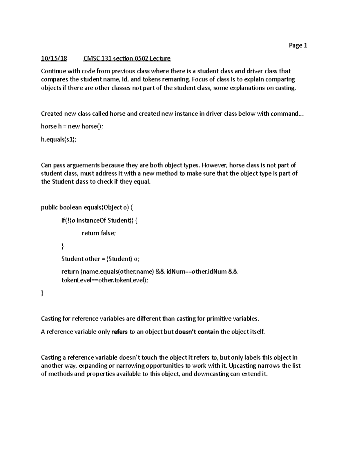 10-15-18 - Lecture notes 22 - Page 1 10/15/18 CMSC 131 section 0502 ...