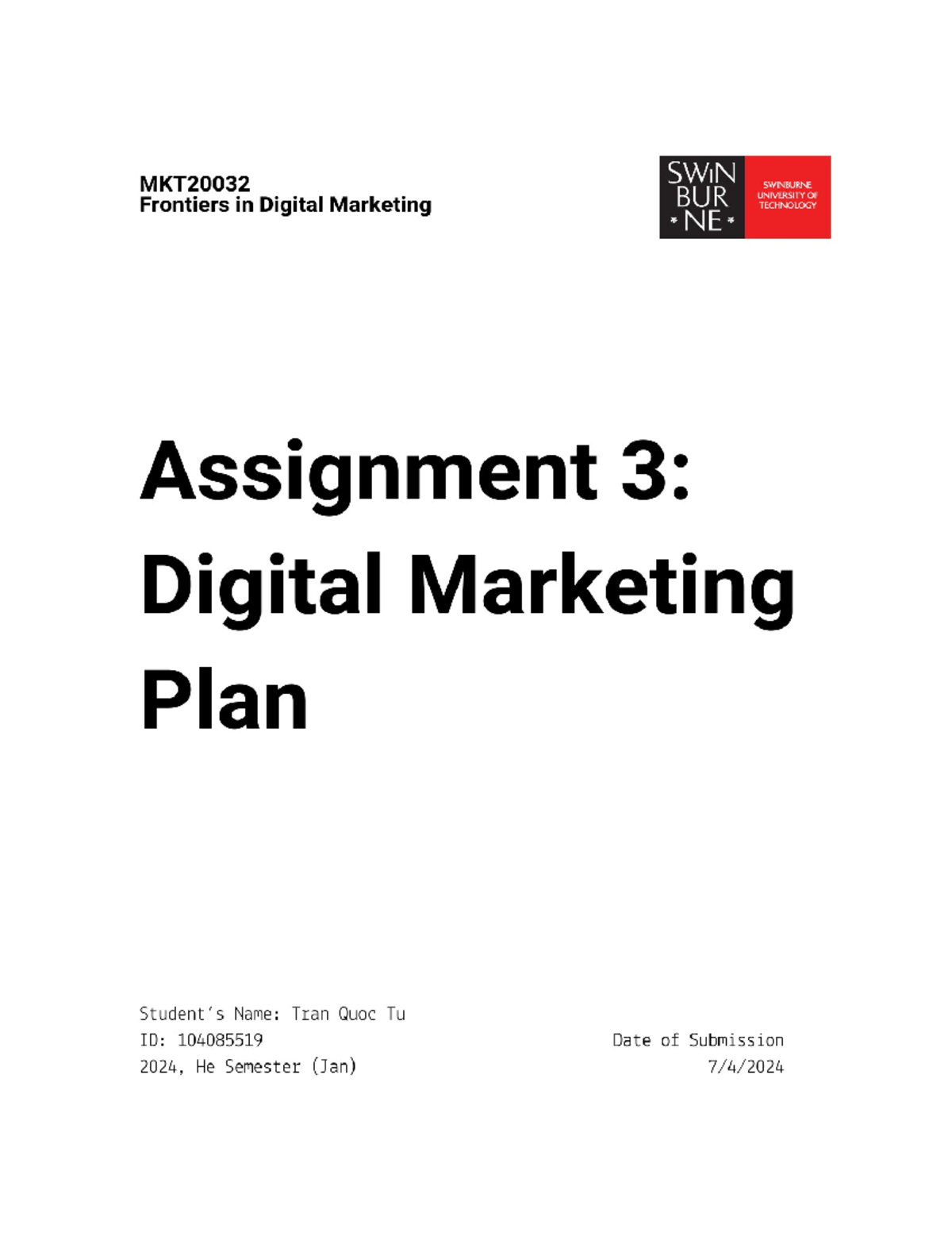 Assignment 3 Digital marketing plan Tran Quoc Tu - Table of Contents I ...