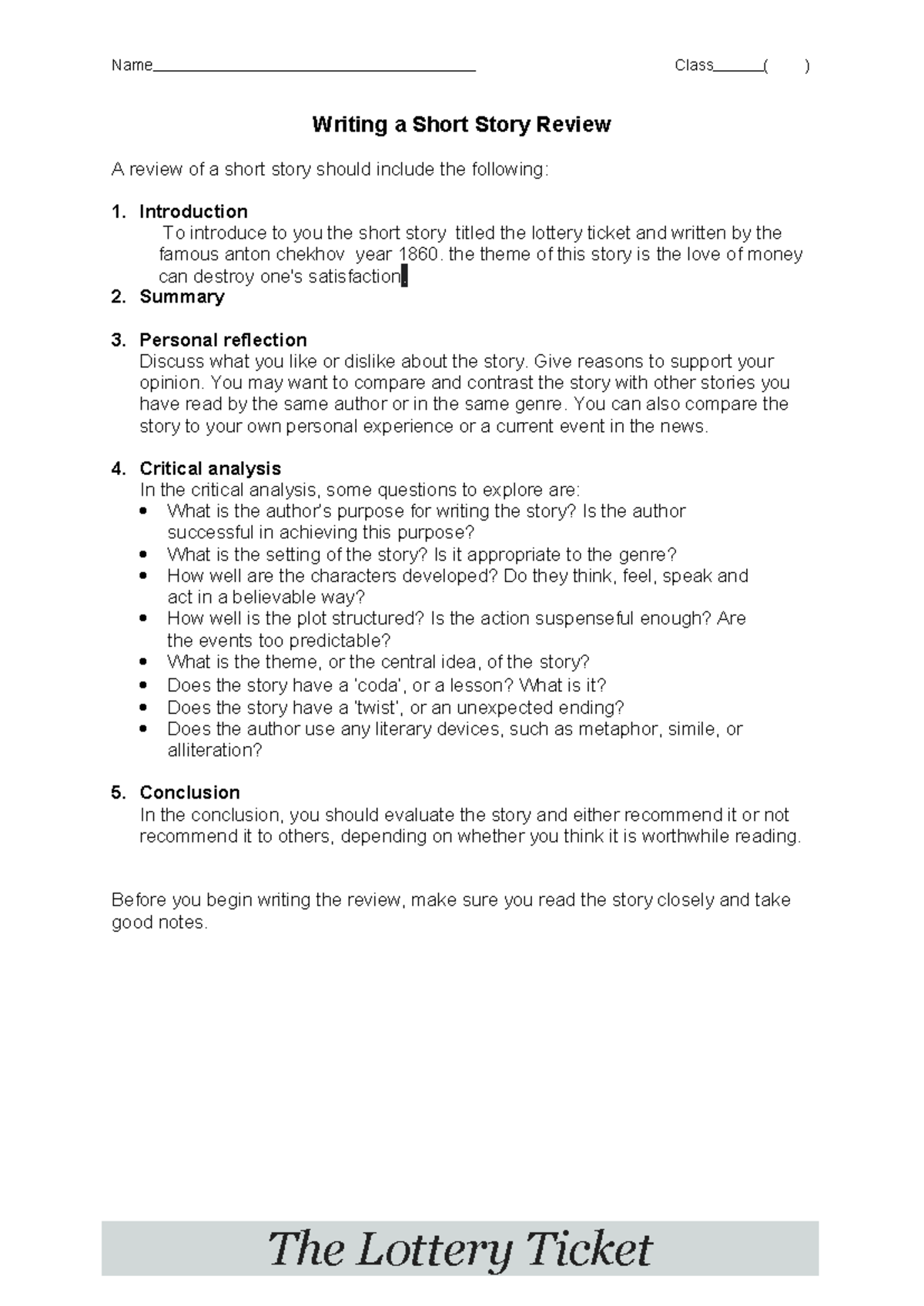 Handout 1.13- writing a short story review - Name Class ( ) Writing a ...