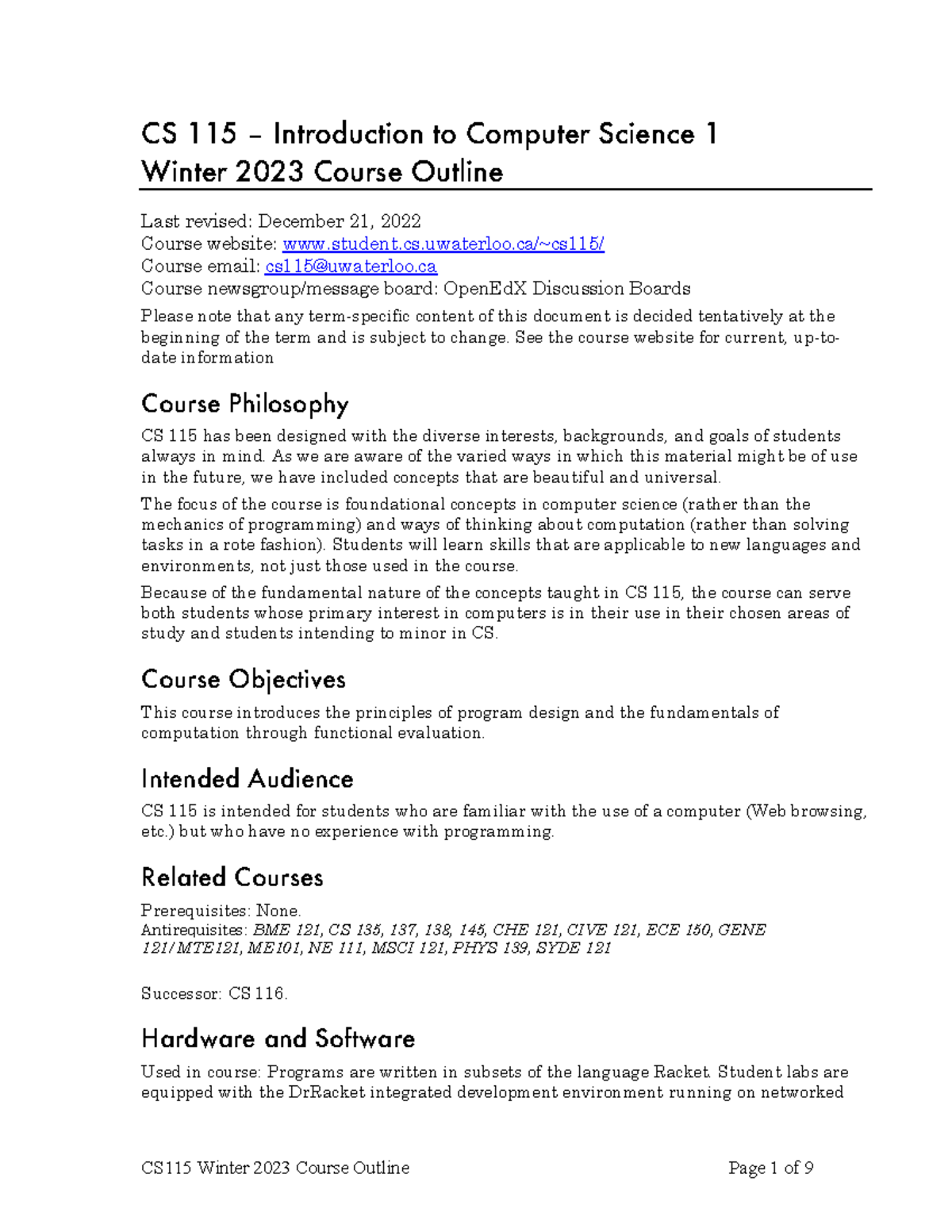 1231 CS 115 - HAHA - CS 1 15 – Introduction to Computer Science 1 Winter 2023 Course Outline ...