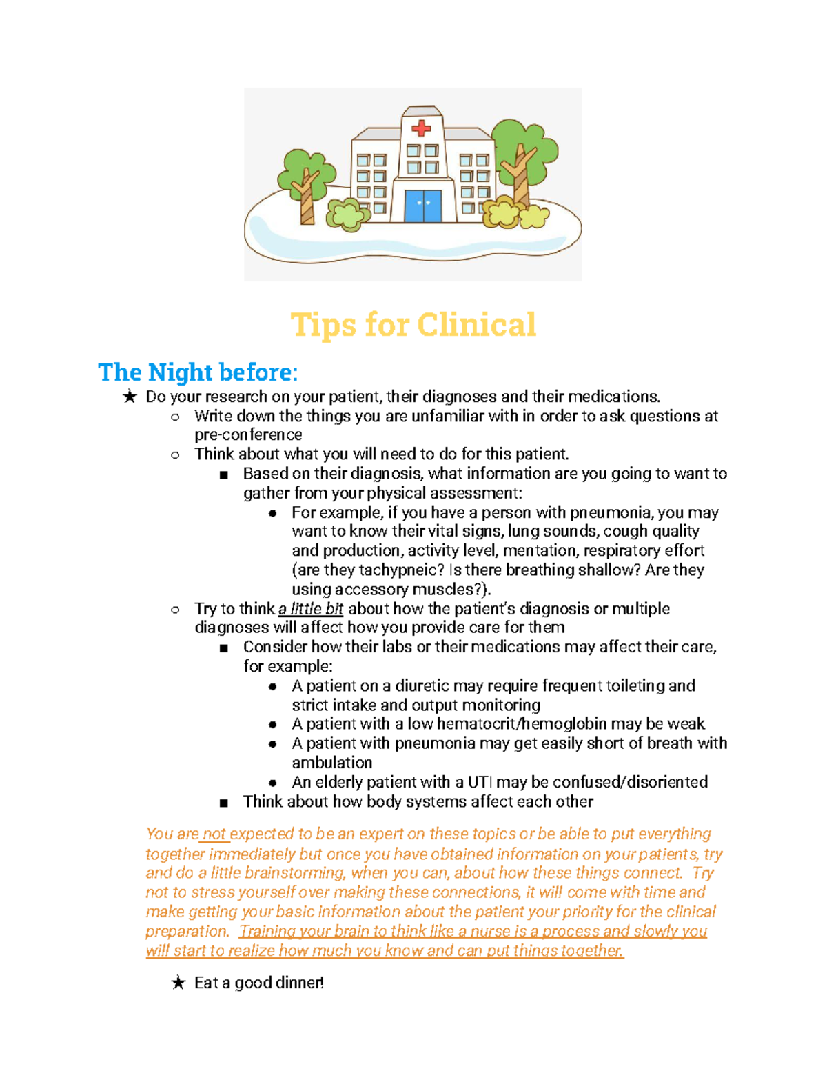 Clinical Tips - Tips for Clinical The Night before: ★ Do your research ...