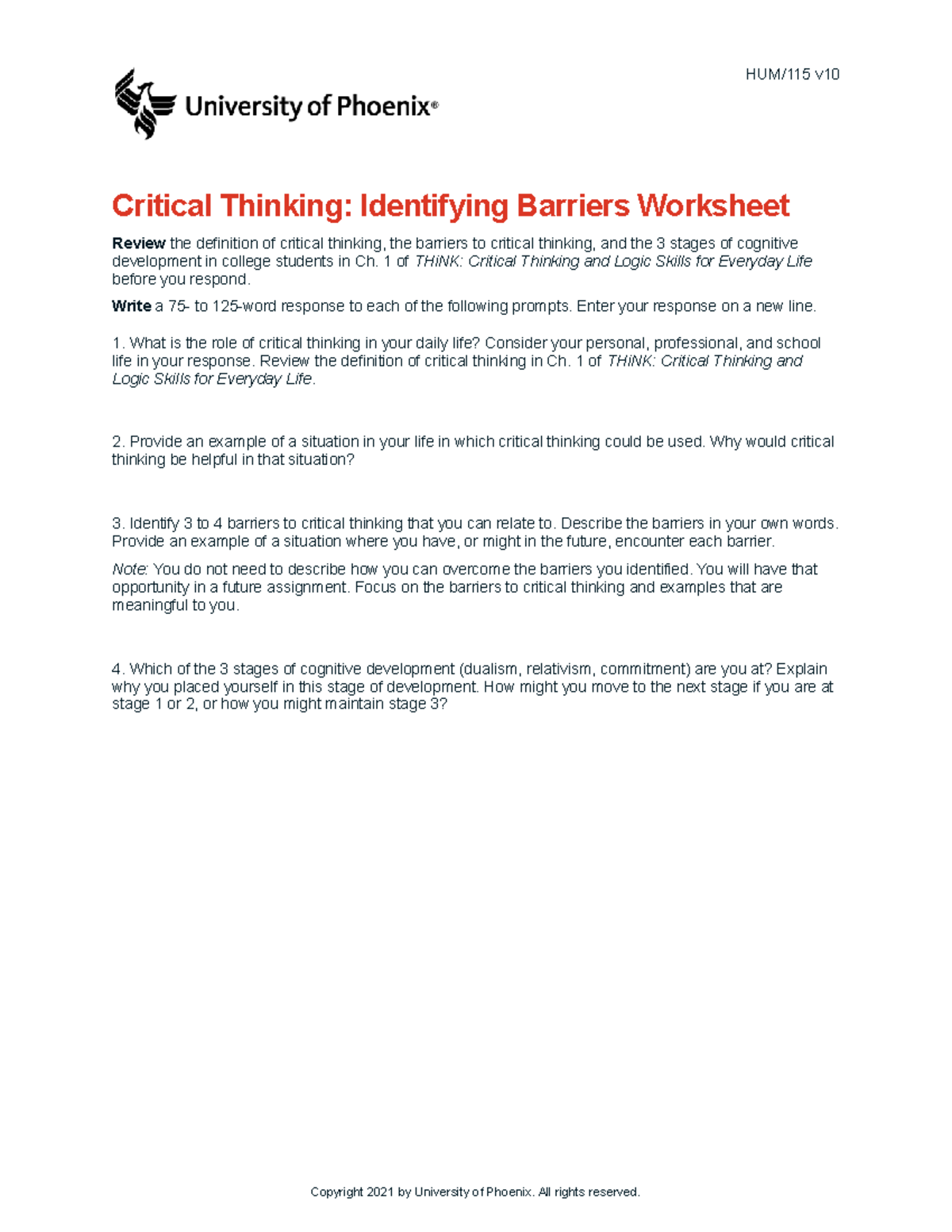Hum115 v10 wk1 critical thinking identifying barriers worksheet - Eng ...