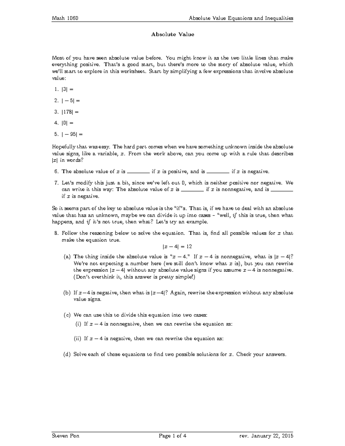 Summary - Absolute value equations, algebra and compositions of ...