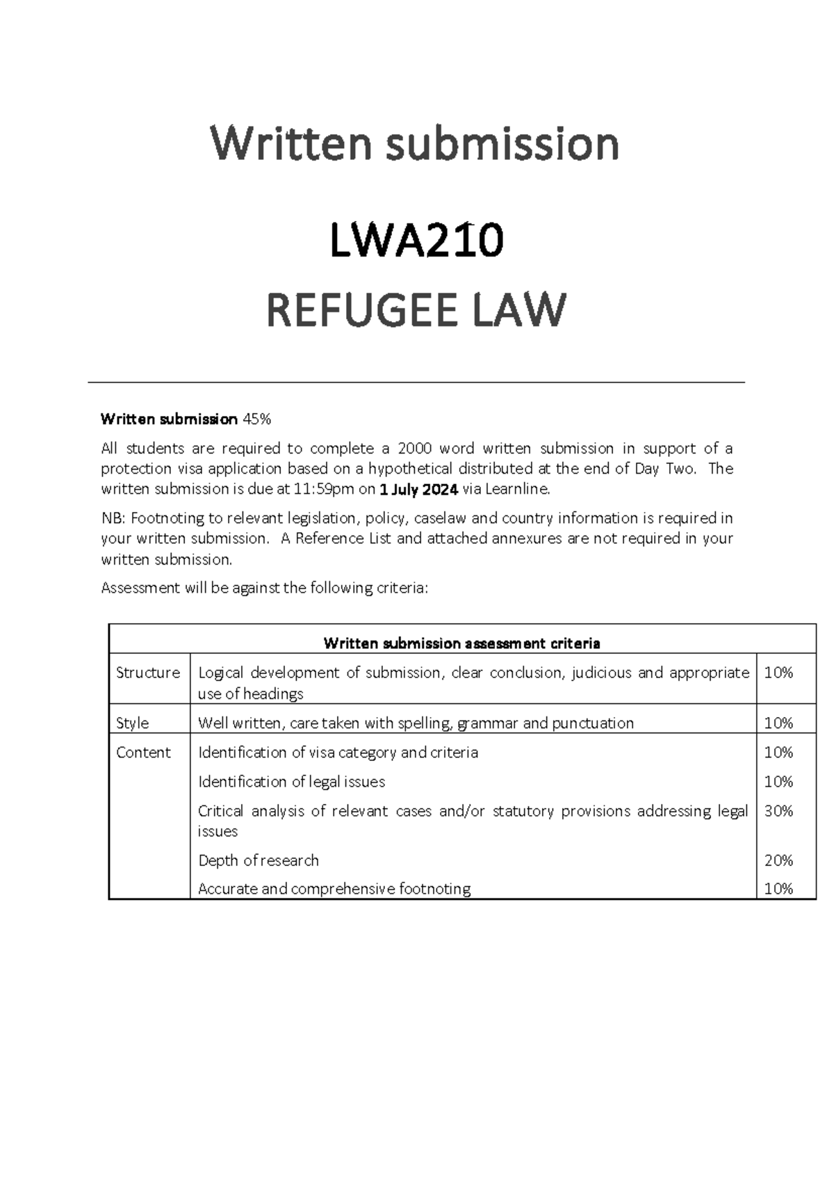Refugee Law - Written Submission - Written submission 45 % All students ...