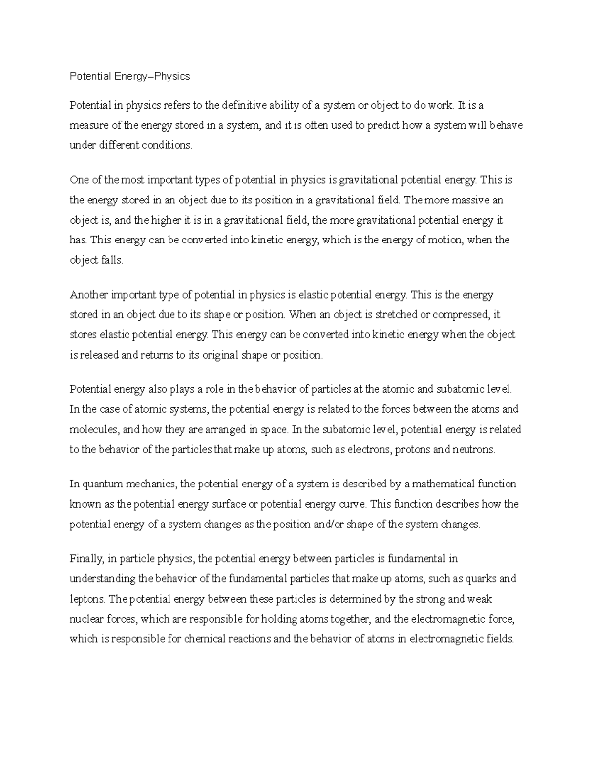 Potential Energy Notes - Potential Energy–Physics Potential in physics ...