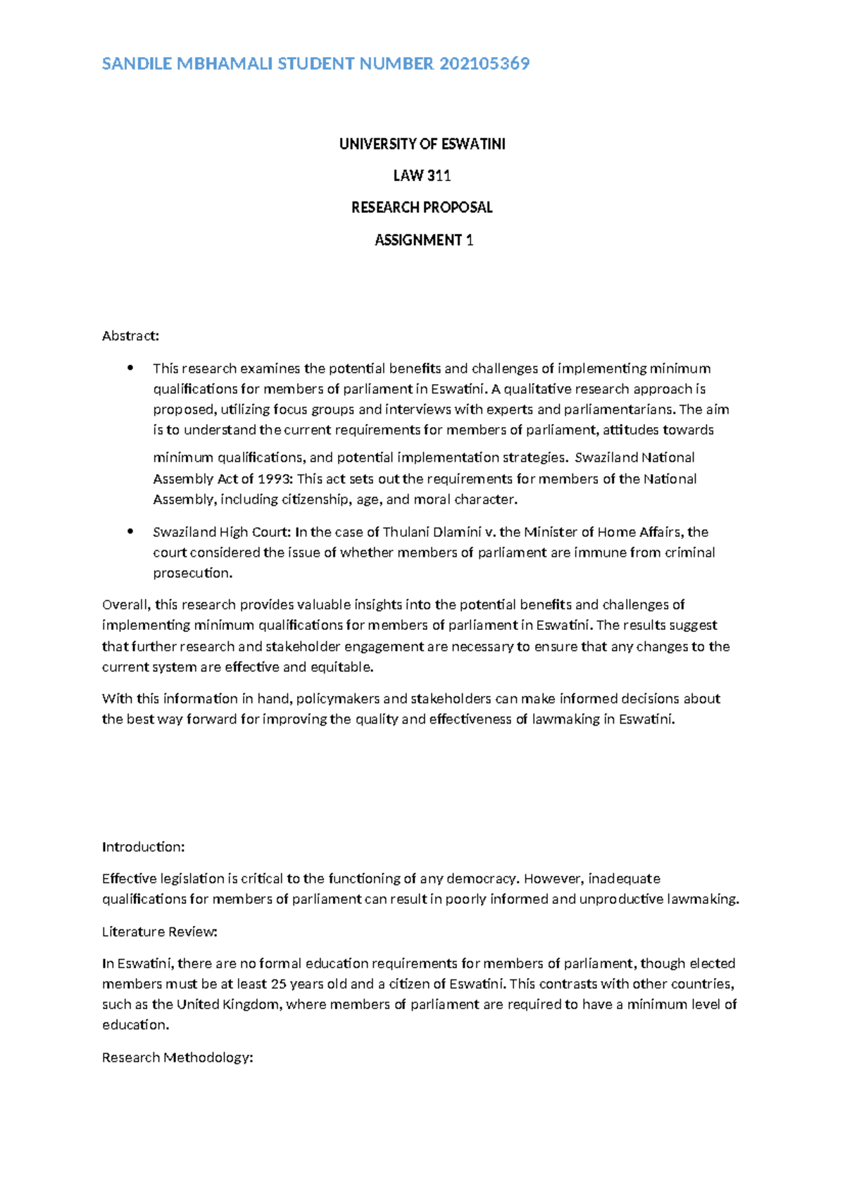 LAW 311 Assignment 1 Research - UNIVERSITY OF ESWATINI LAW 311 RESEARCH ...