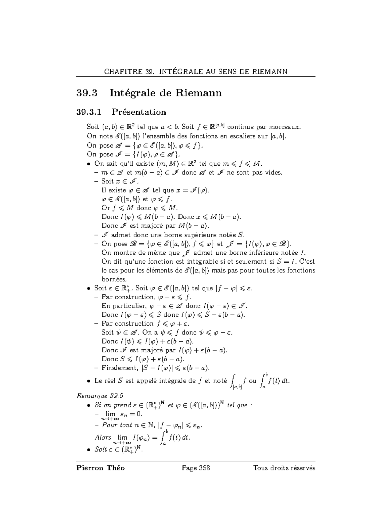 Maths mpsi-126 - CHAPITRE 39. INTÉGRALE AU SENS DE RIEMANN 39 Intégrale ...