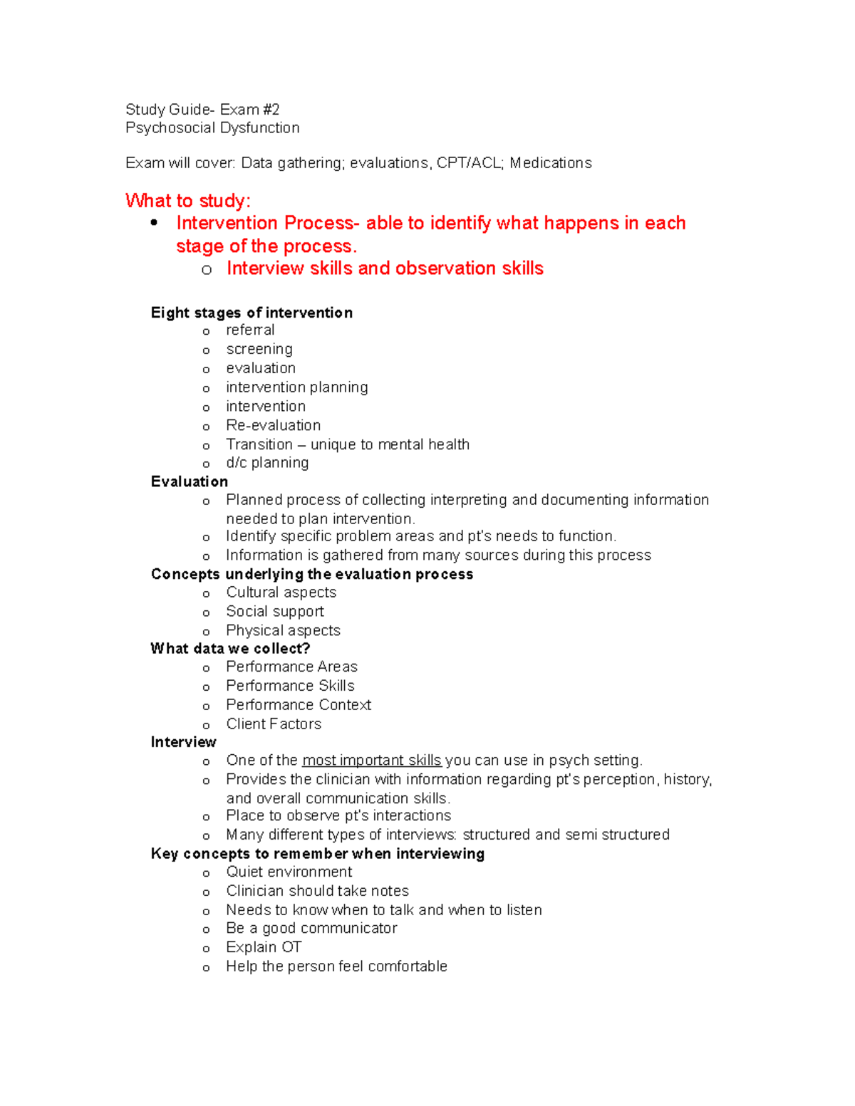 Exam 2 study guide - notes on intervention process; types of interview ...