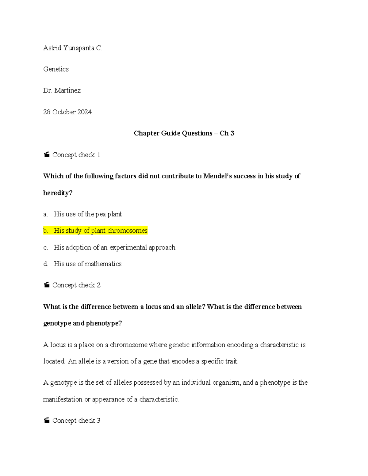 CH3 AY - homework on chapter number 3 - Astrid Yunapanta C. Genetics Dr. Martinez 28 October ...