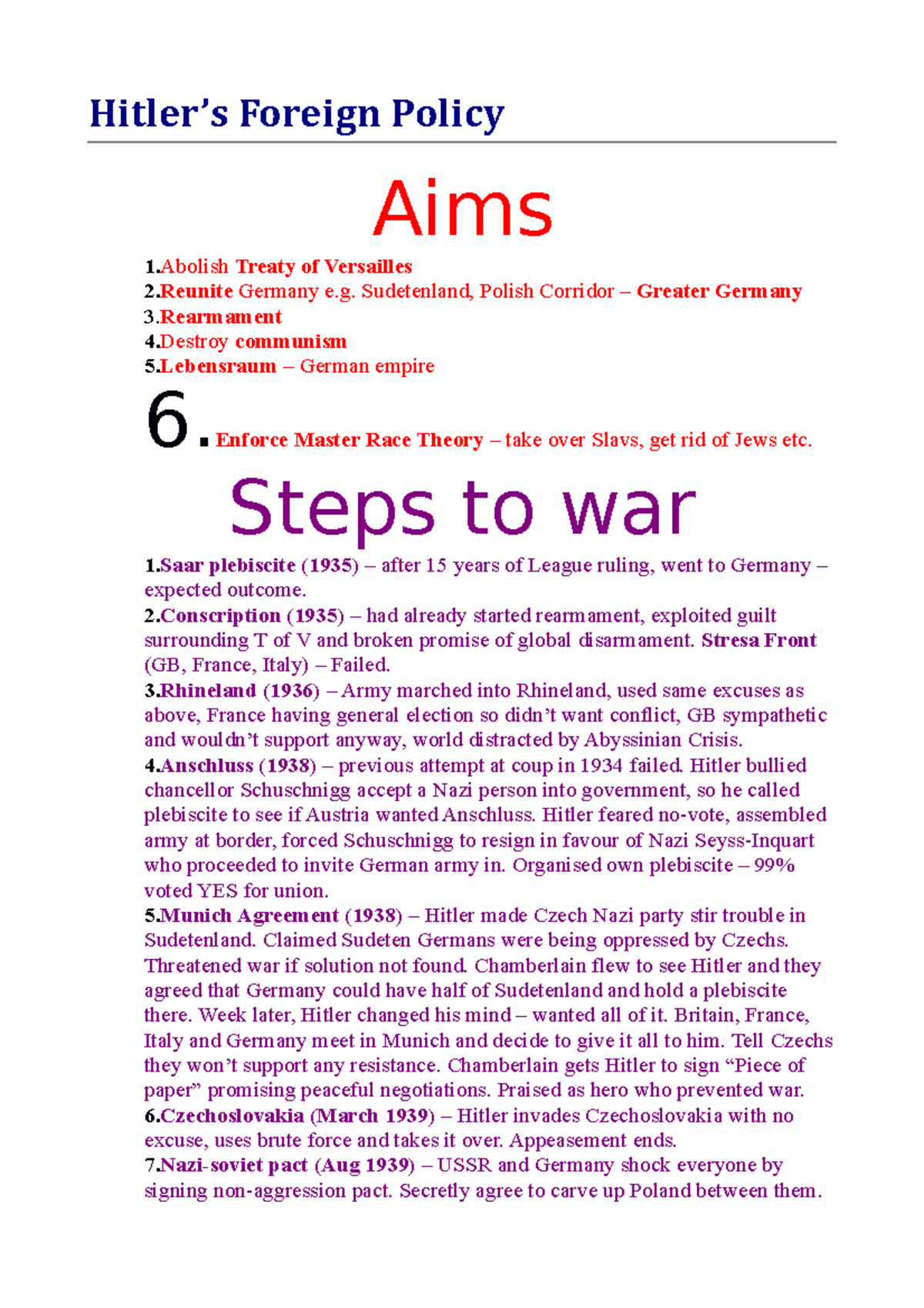 Hitlers foreign policy - Hitler’s Foreign Policy Aims 1 Treaty of ...