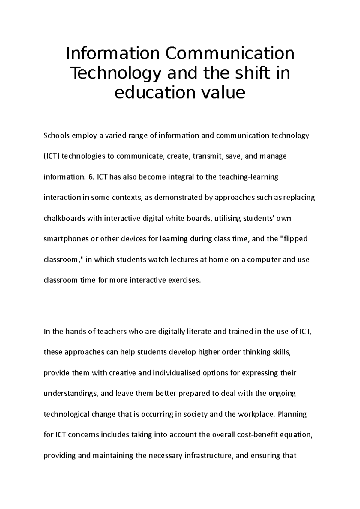 Information Communication Technology and the shift in education value ...