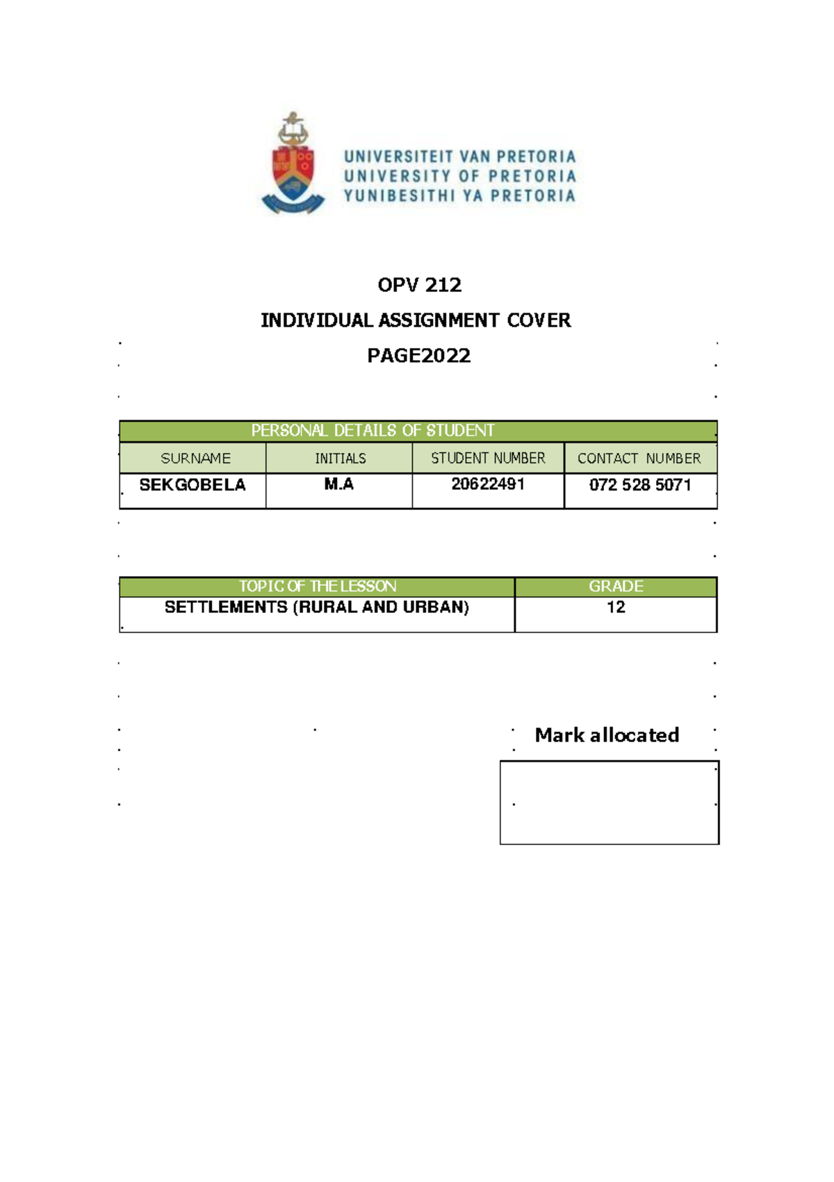 OPV 212 Assignment 2022 (20622491) - OPV 212 INDIVIDUAL ASSIGNMENT ...