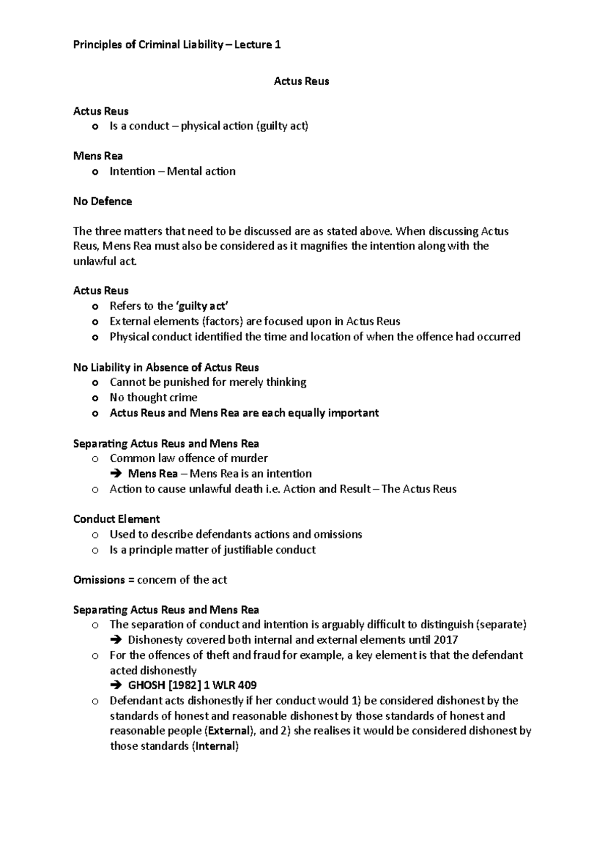 Principles of Criminal Liability - Lecture 1 - When discussing Actus ...