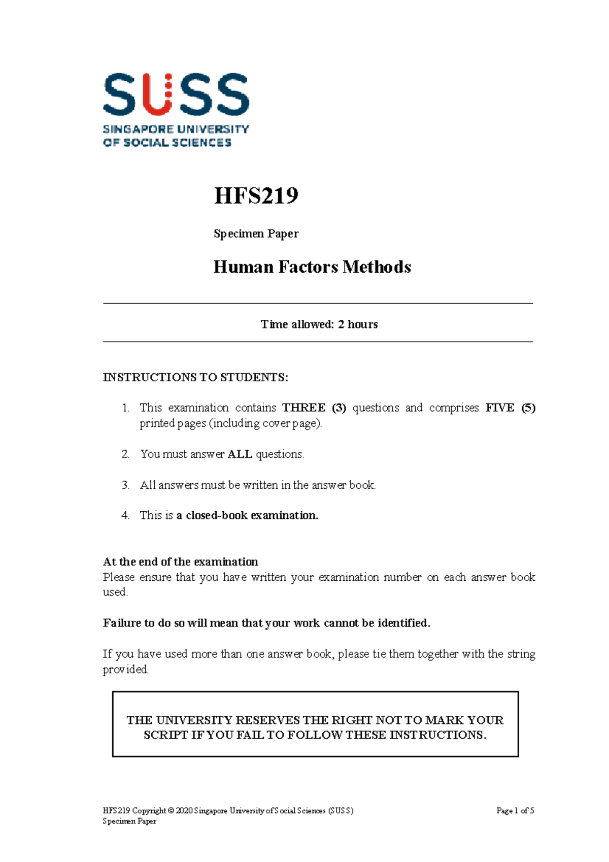 HFS219 Specimen Paper Questions Jan20 - HFS Specimen Paper Human ...