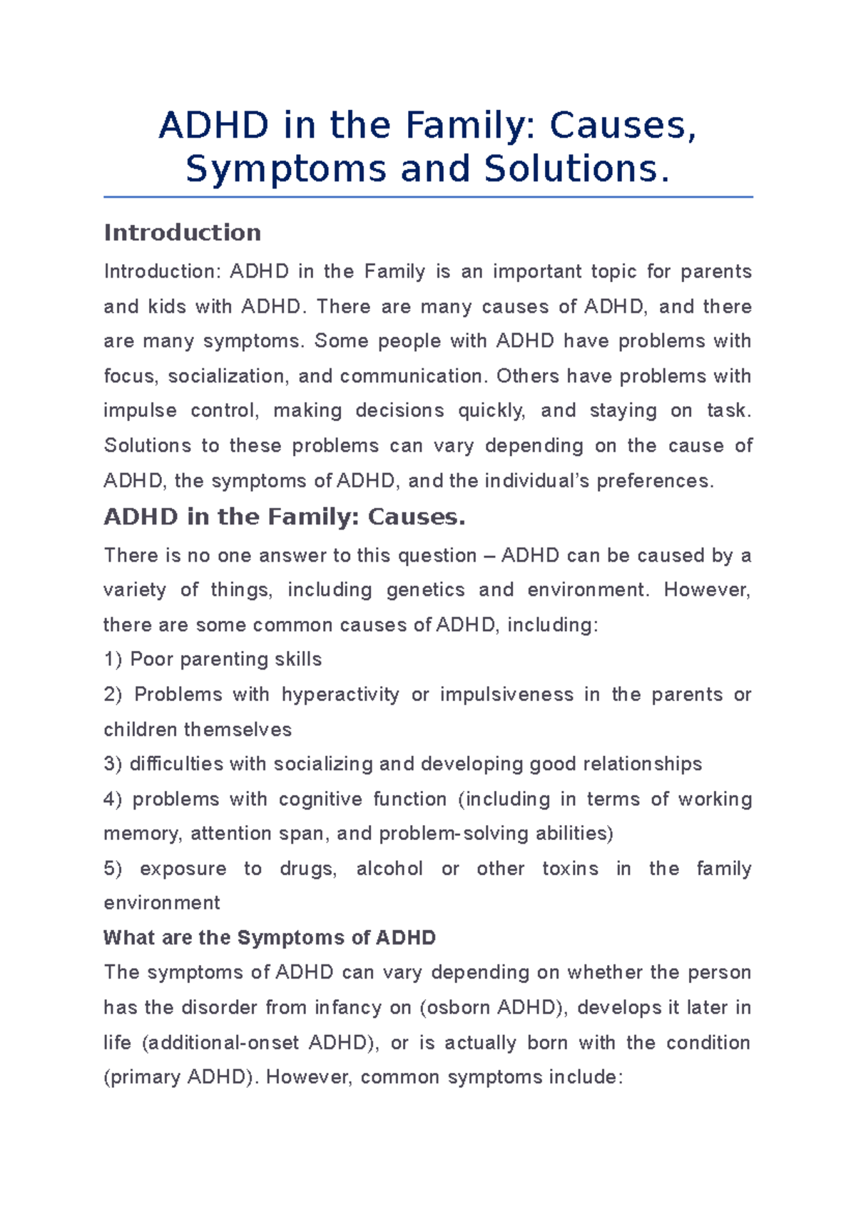 ADHD in the Family Causes, Symptoms and Solutions - Introduction ...